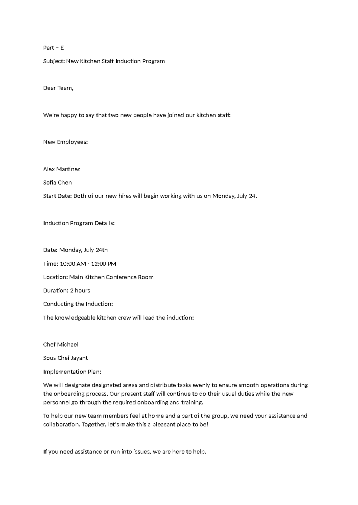 Part - E - .ghj - Part – E Subject: New Kitchen Staff Induction Program ...