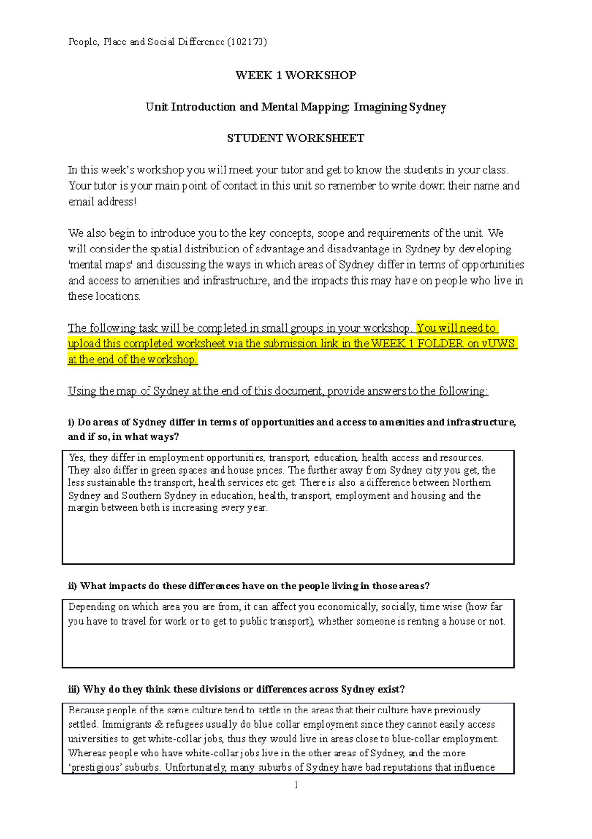 Tute 1 - first tutorial worksheet - 102170 - UWS - Studocu