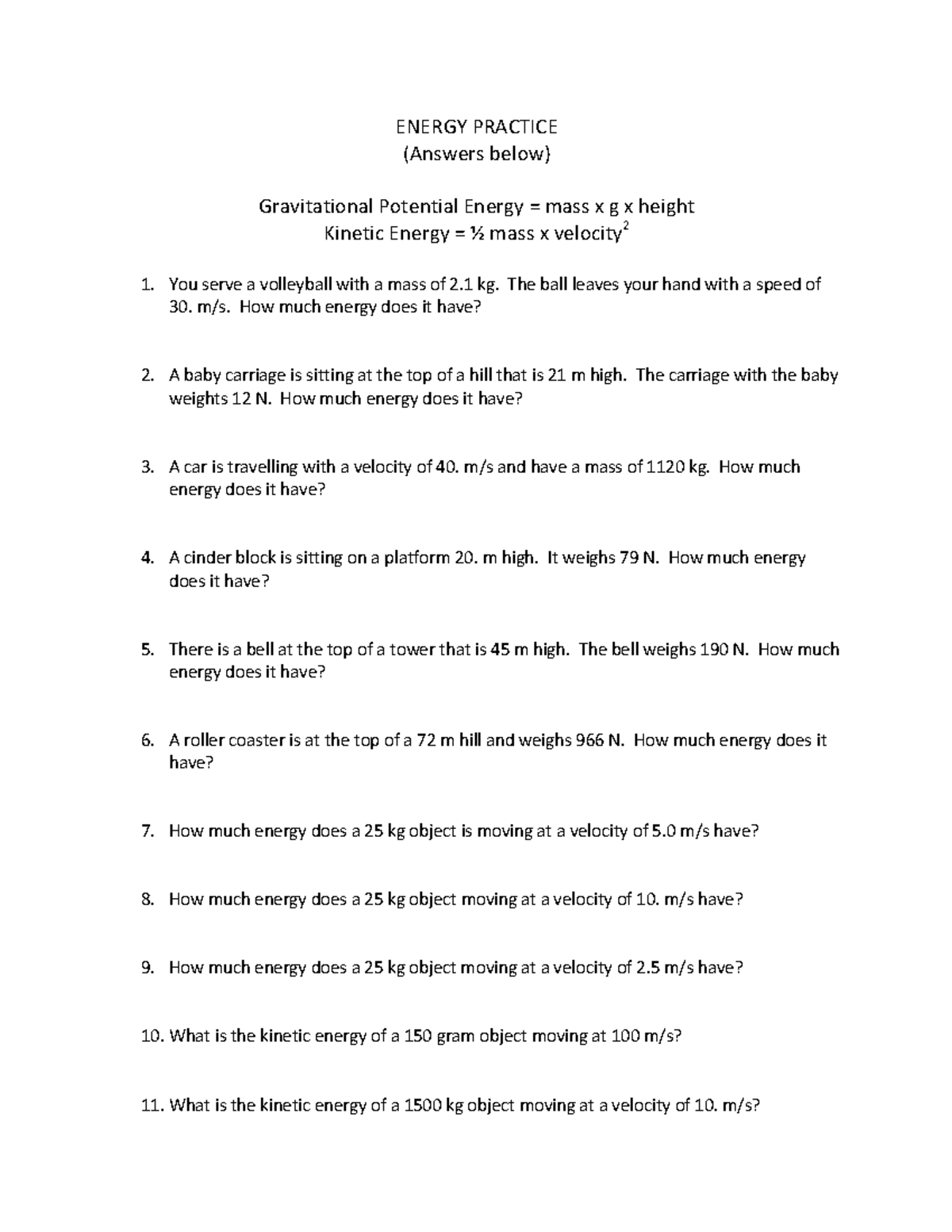 Energy practice - ENERGY PRACTICE (Answers below) Gravitational ...