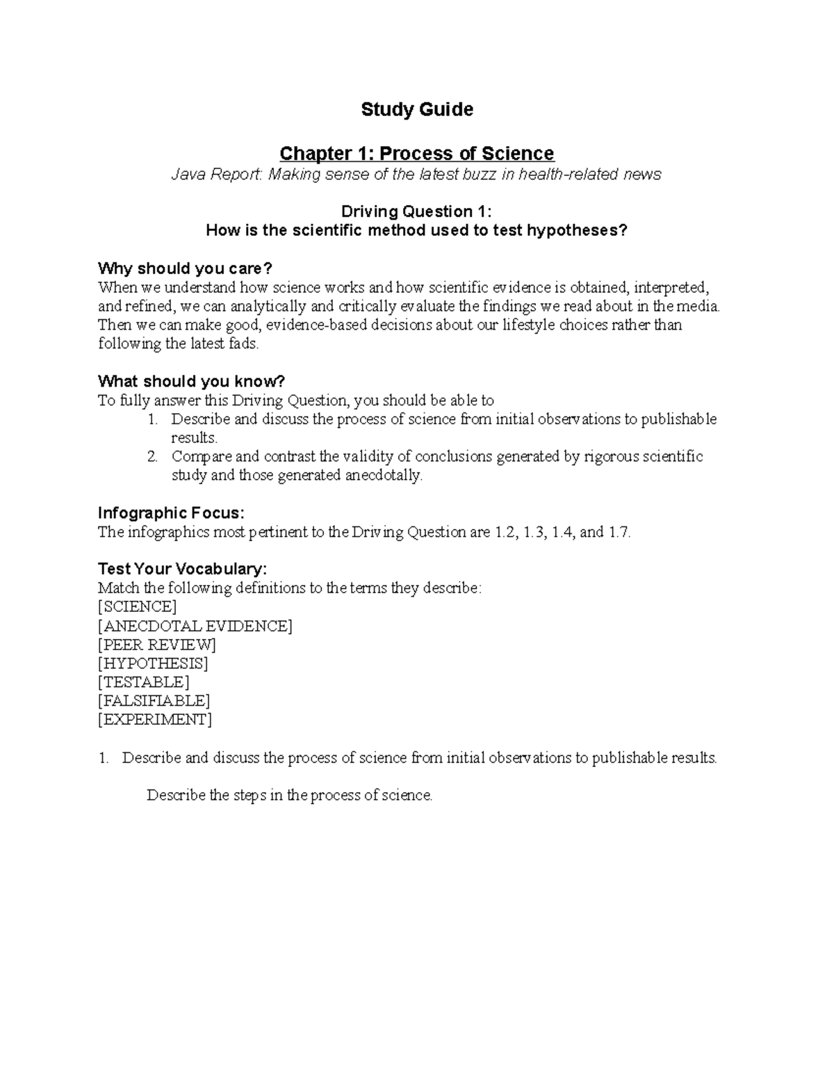 Chapter 1 study guide - Study Guide Chapter 1: Process of Science Java ...
