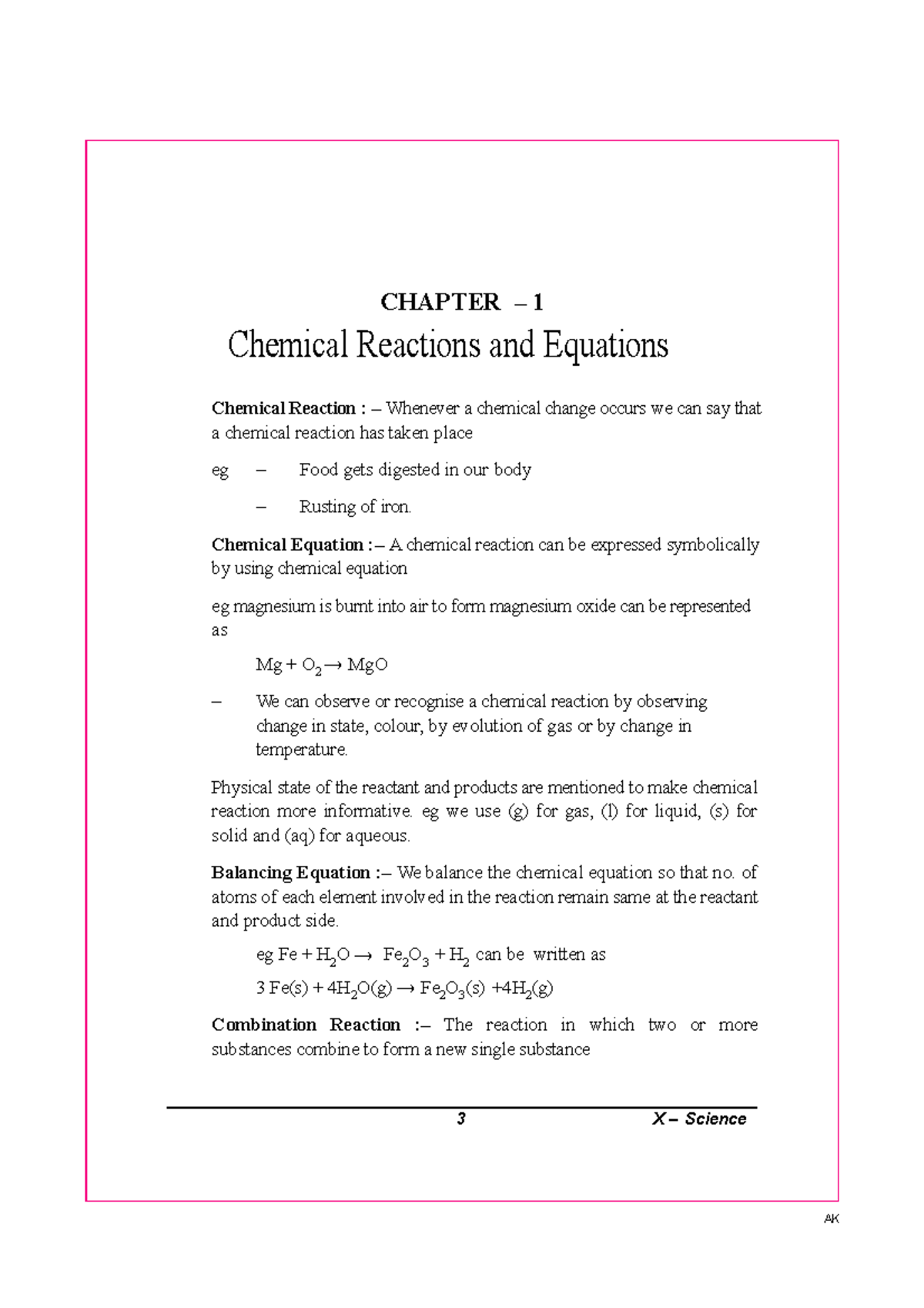 Chemistry notes 01 Chemical Reactions and Equation - AK CHAPTER – 1 ...