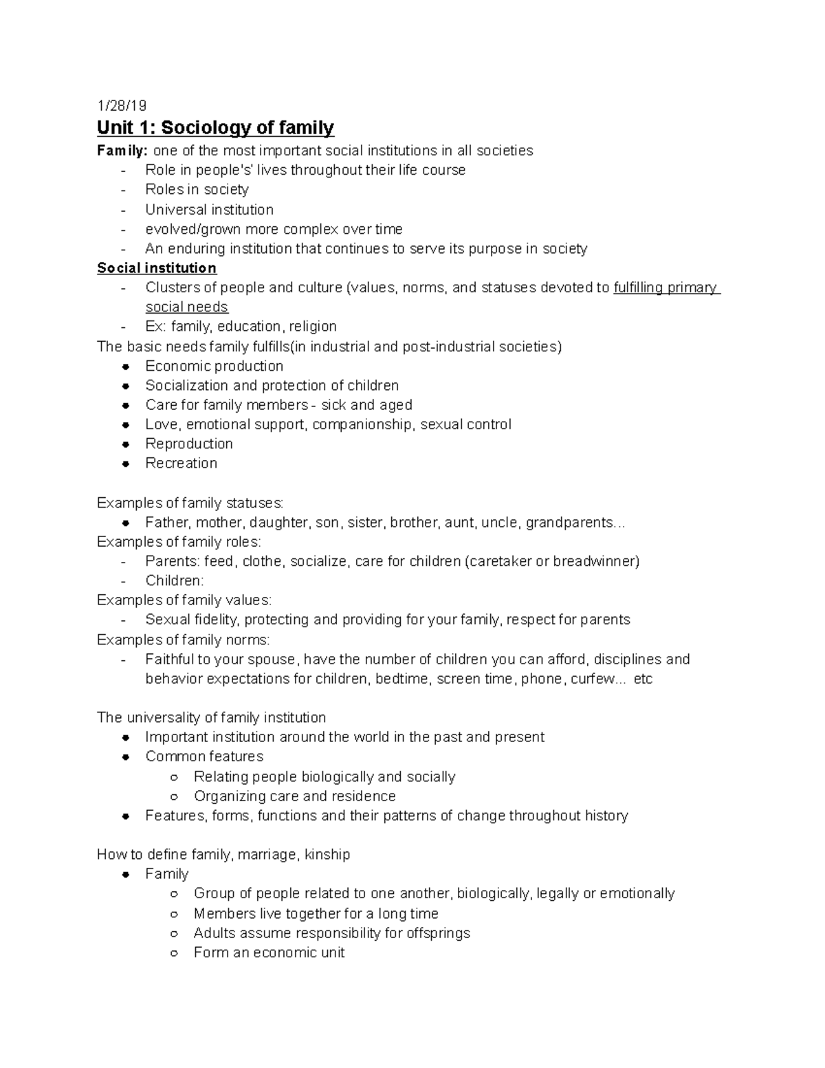 Unit 1 - Lecture notes 1-7 - 1/28/ Unit 1: Sociology of family Family ...