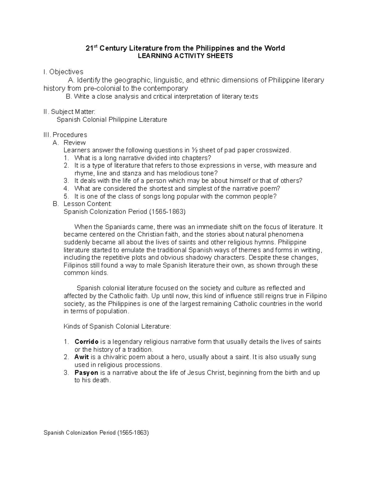 21st Century LAS - 21 st Century Literature from the Philippines and ...