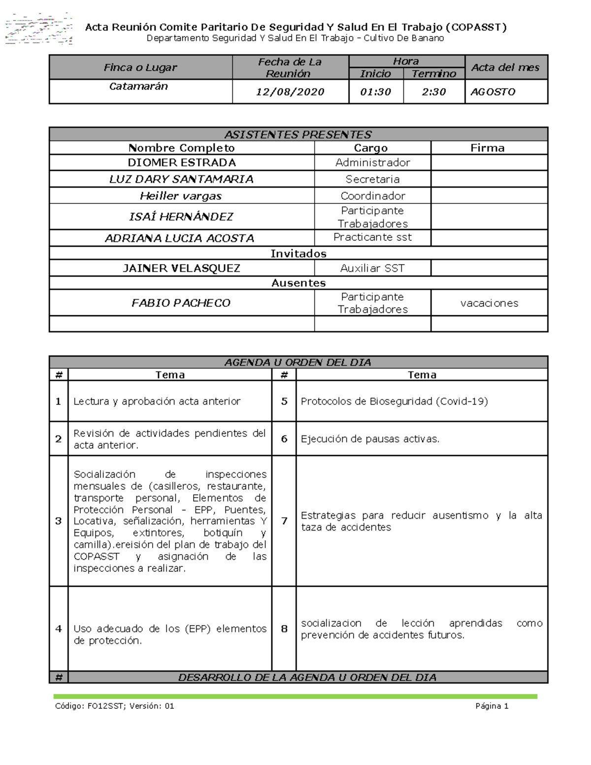 Copasst Agosto 2020 - Acta Reunión Comite Paritario De Seguridad Y ...