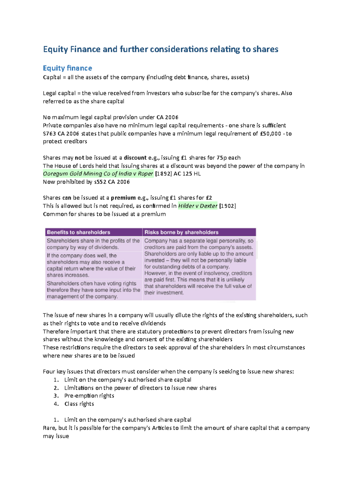 Equity Finance - Lecture notes for workshop 7 of the PGDL - Equity ...