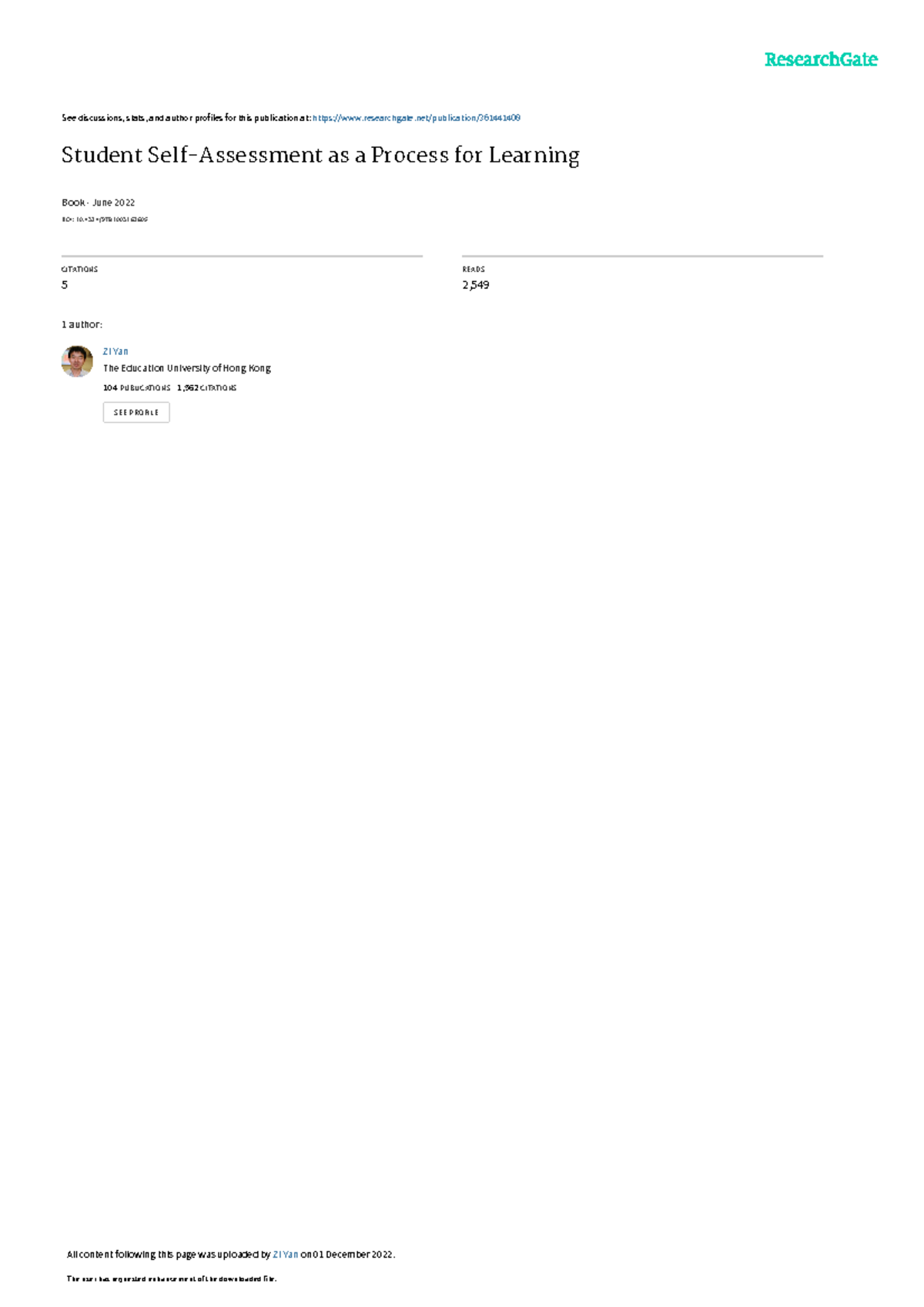 Student Self-Assessment as a Process for Learning - See discussions ...