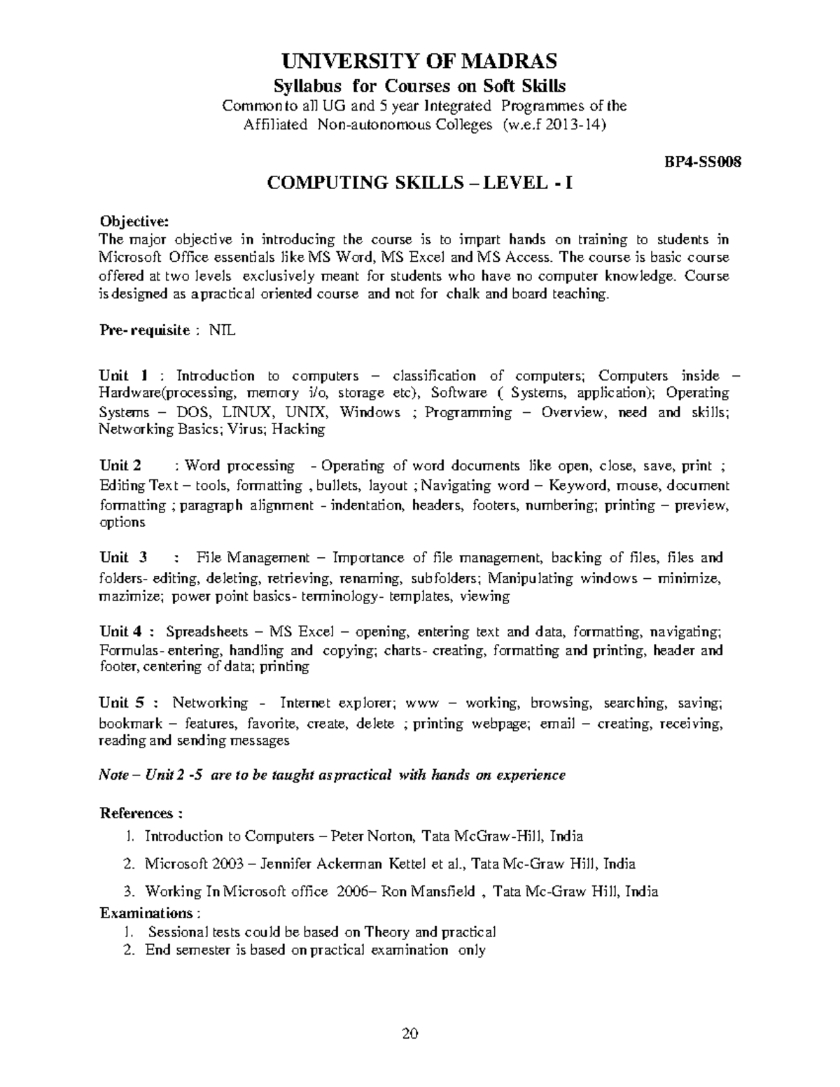 BP4-SS008 - i want excel - UNIVERSITY OF MADRAS Syllabus for Courses on ...