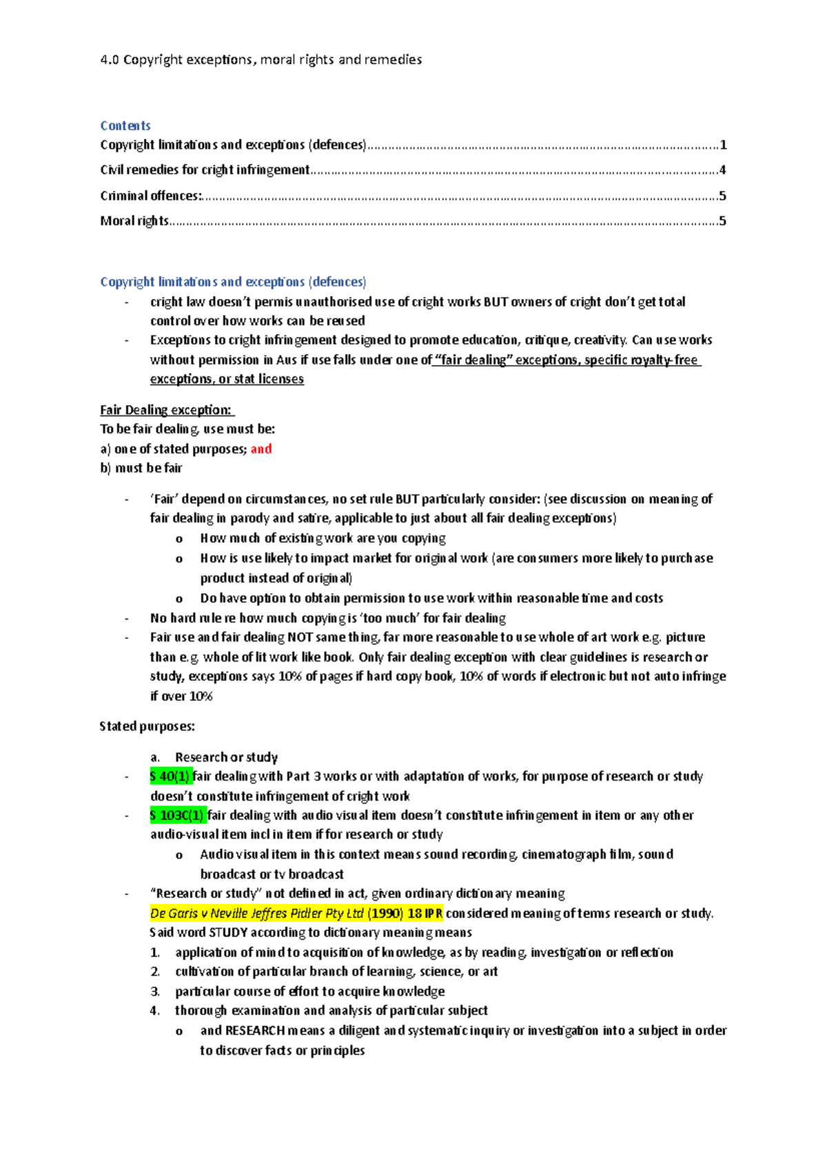 4.0 Copyright exceptions, moral rights and remedies - Contents ...