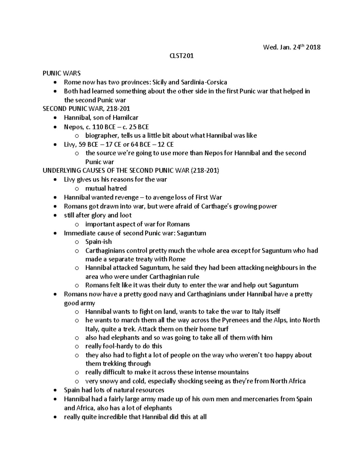 01 24 18 - Lecture notes 5 - Wed. Jan. 24th 2018 CLST201 PUNIC WARS ...