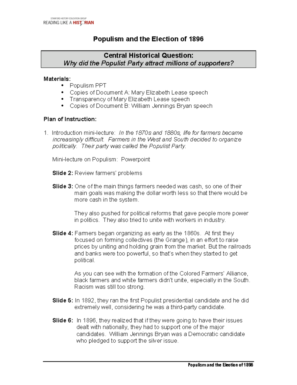 SHEG Populism - HEW HBFQ - Populism and the Election of 1896 Central ...
