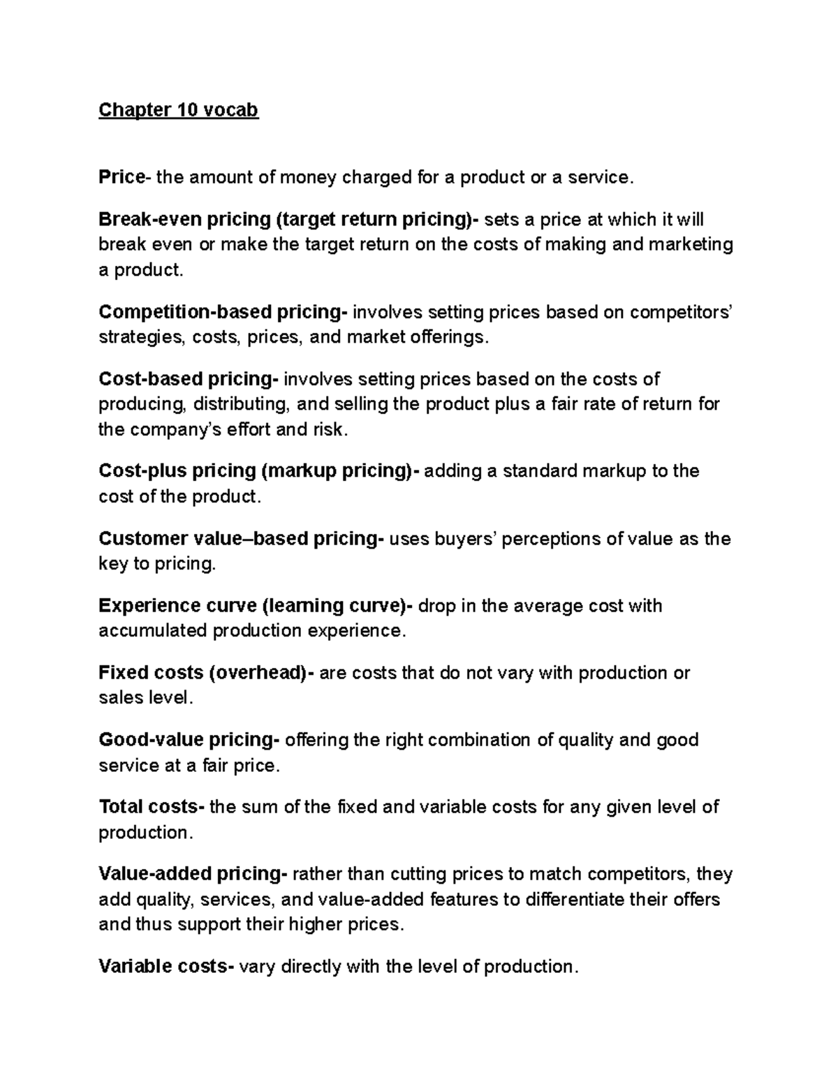 Chapter 10 Vocab - Chapter 10 vocab Price- the amount of money charged ...
