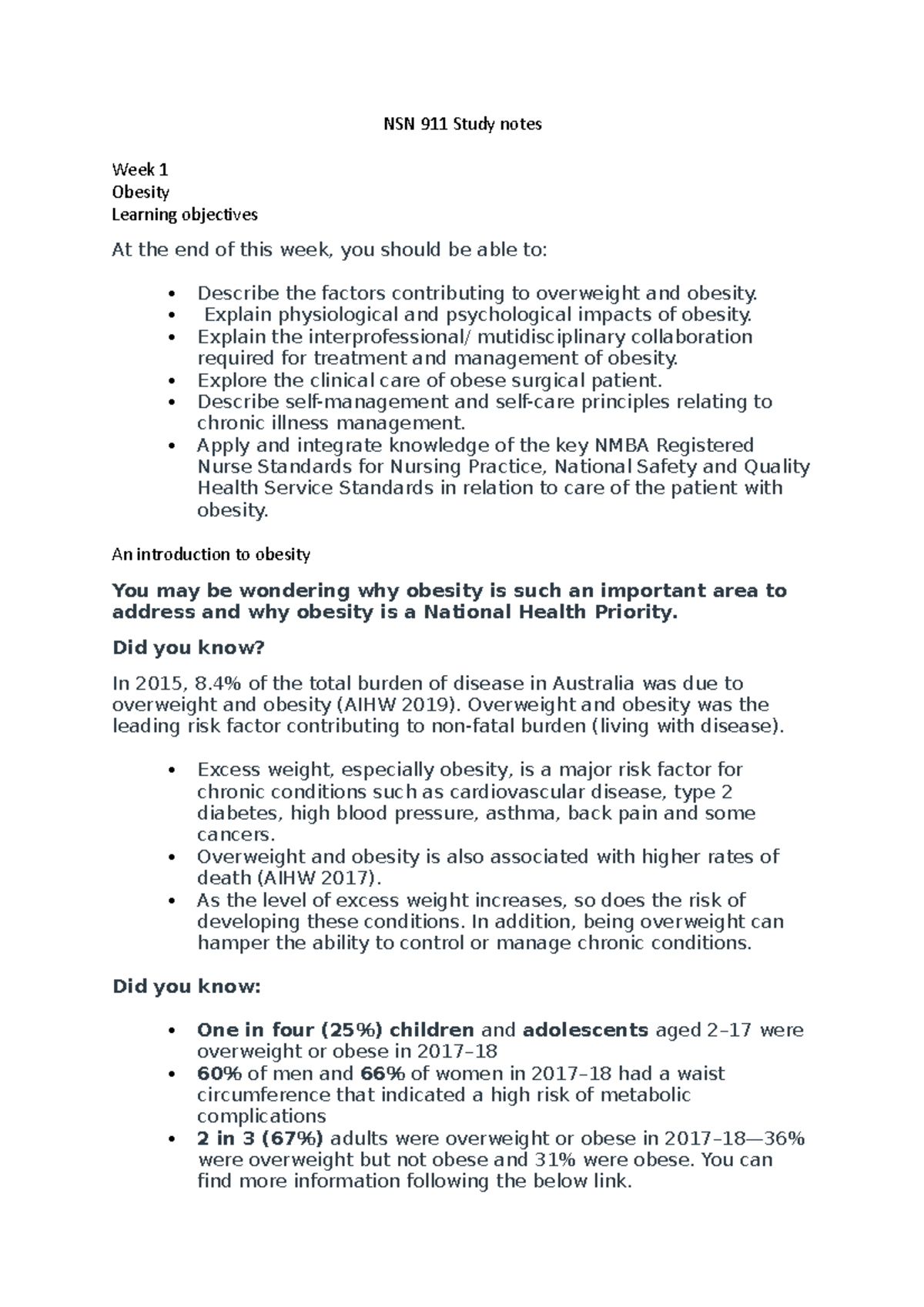 NSN 911 Study notes - NSN 911 Study notes Week 1 Obesity Learning ...