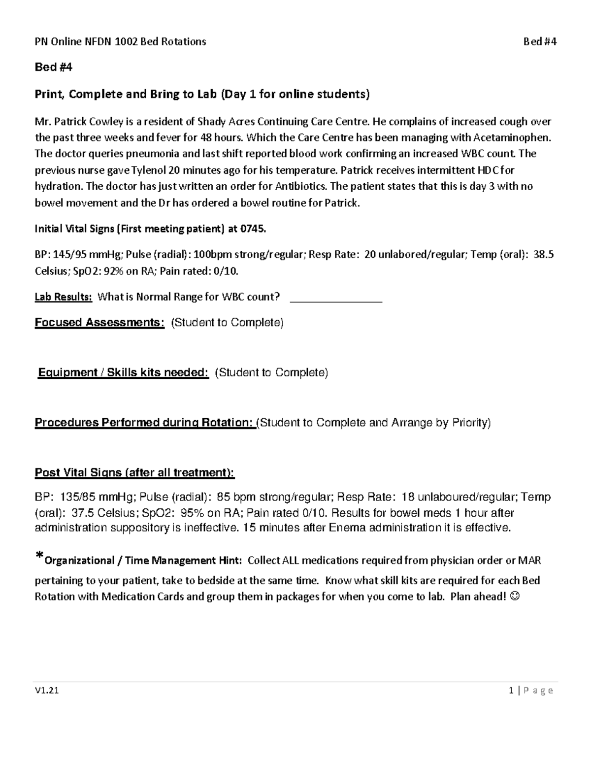 NFDN 1002 Bed Rotation #4 V1 - ####### Bed # Print, Complete and Bring ...