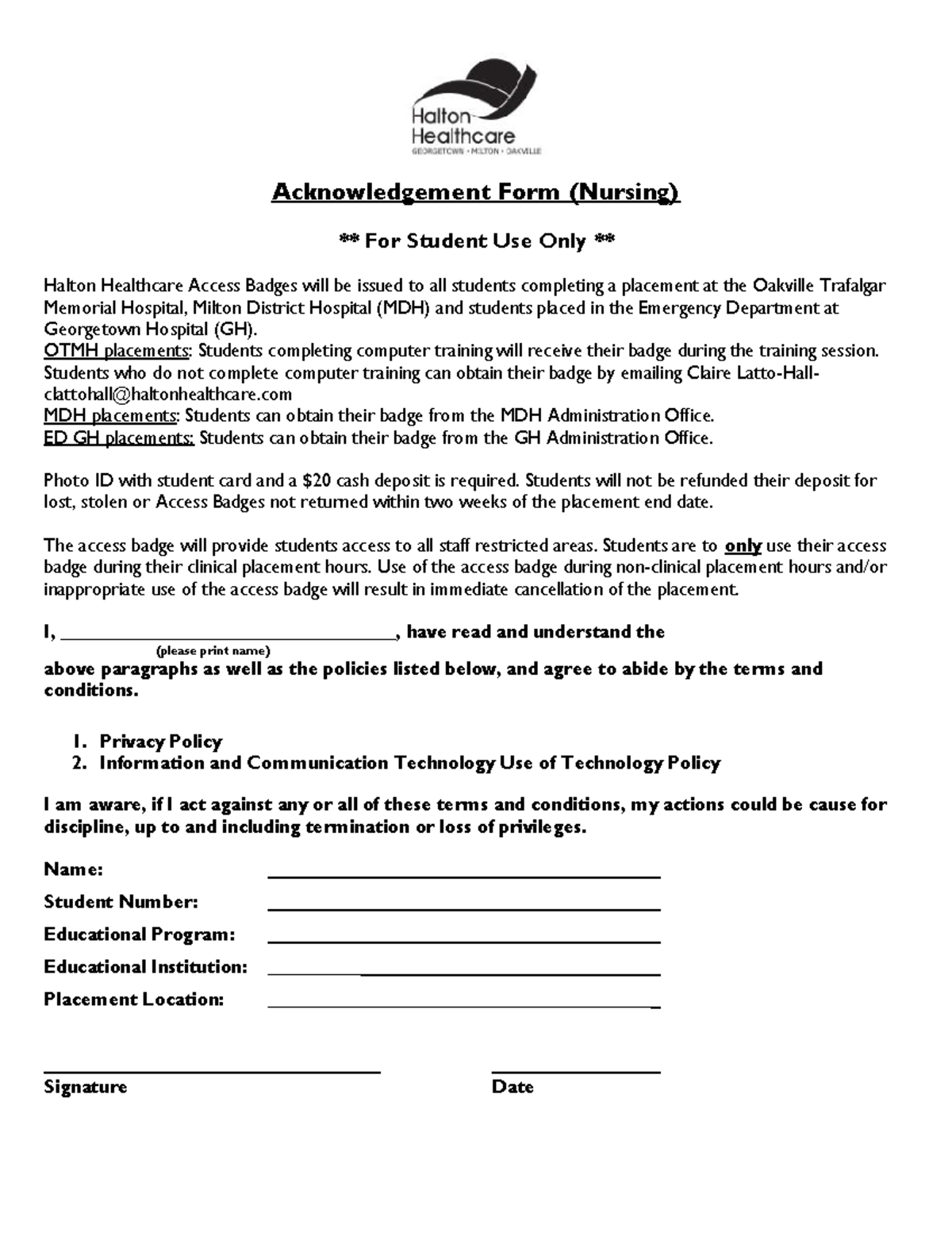 Policy Acknowledgement Form - Acknowledgement Form (Nursing) ** For ...