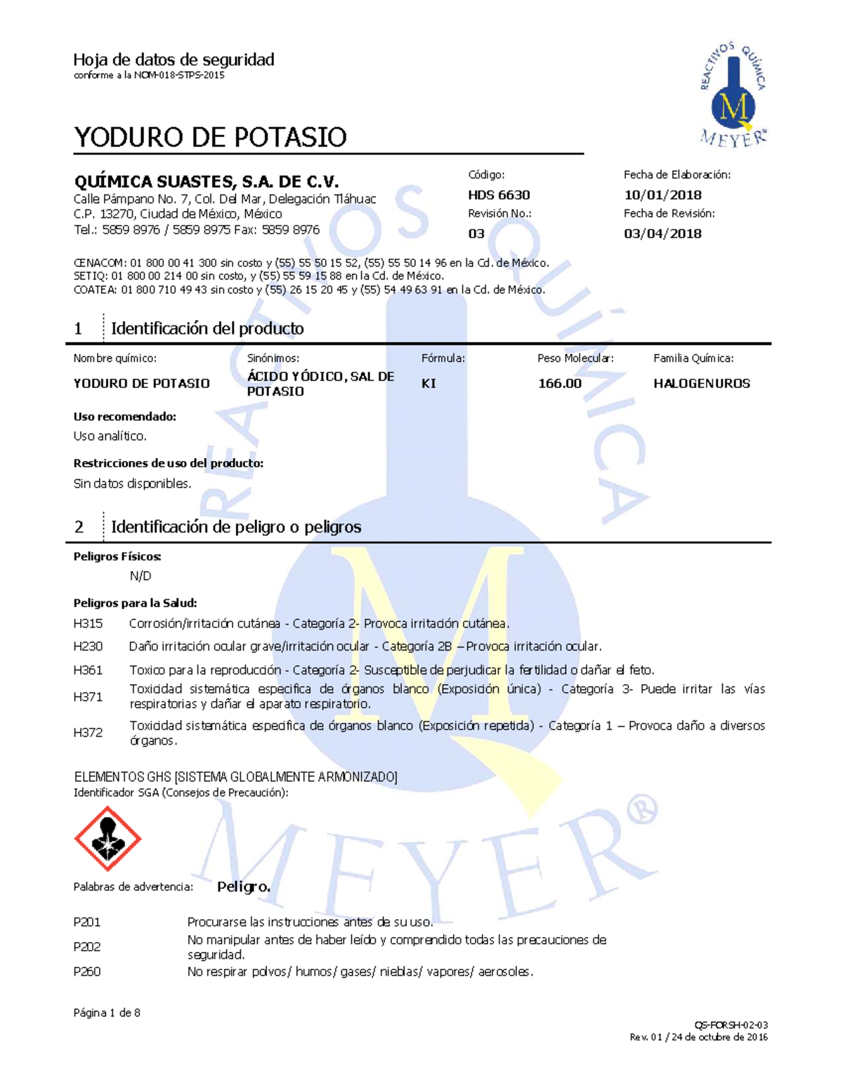 Yoduro De Potasio Hojas De Seguridad Conforme A La Nom 018 Stps