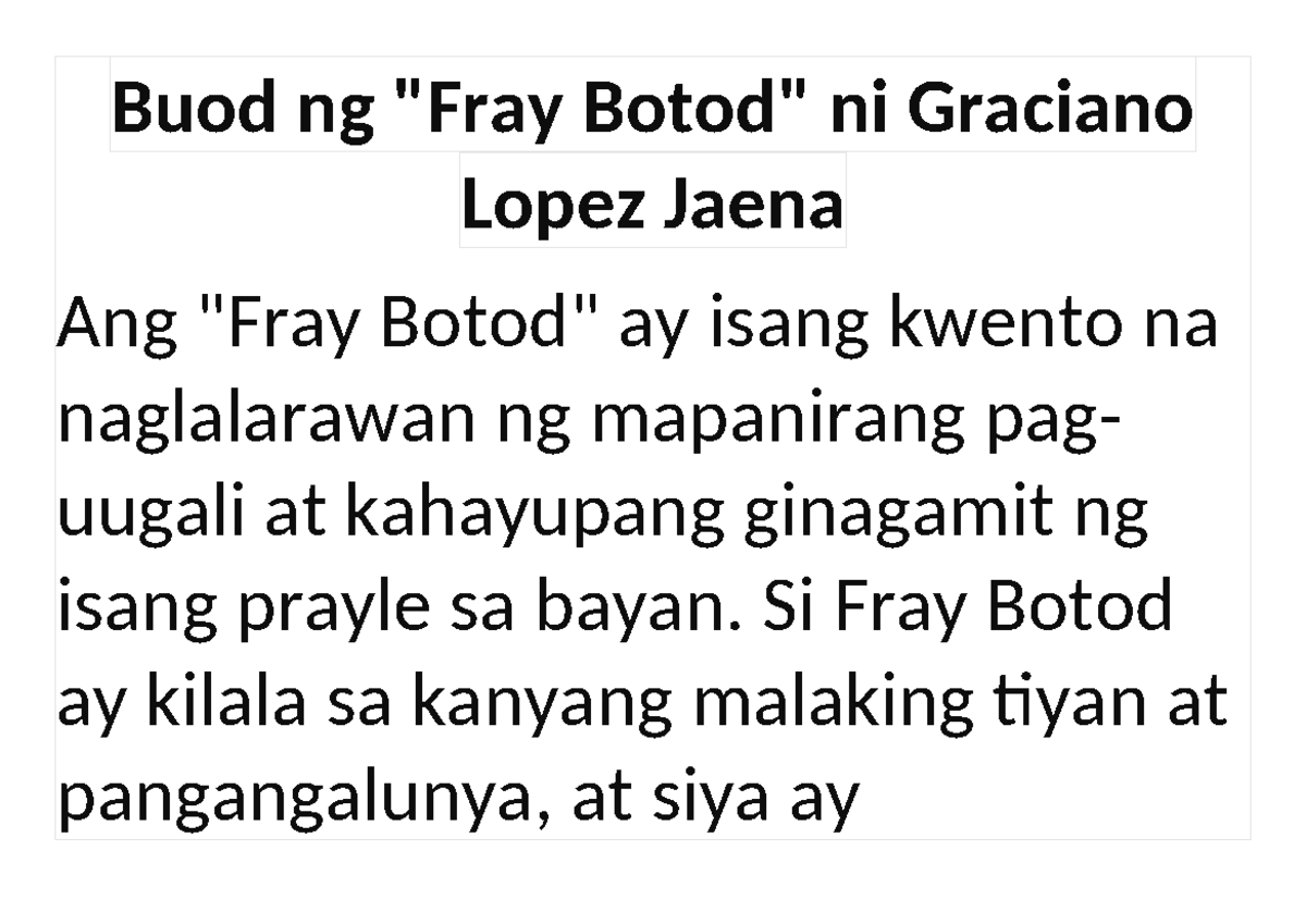 Buod ng Fray Butod - Buod ng "Fray Botod" ni Graciano Lopez Jaena Ang ...