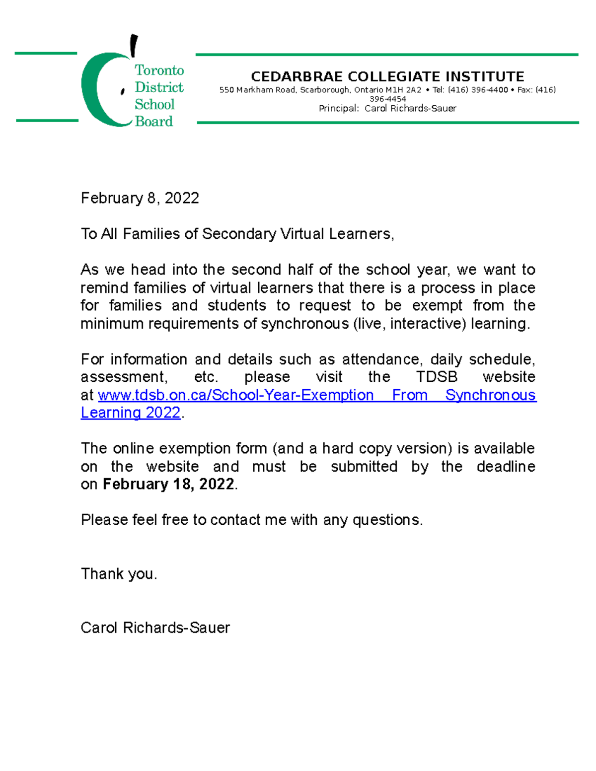 Letter for Synchronous Exemption - February 8, 2022 To All Families of ...