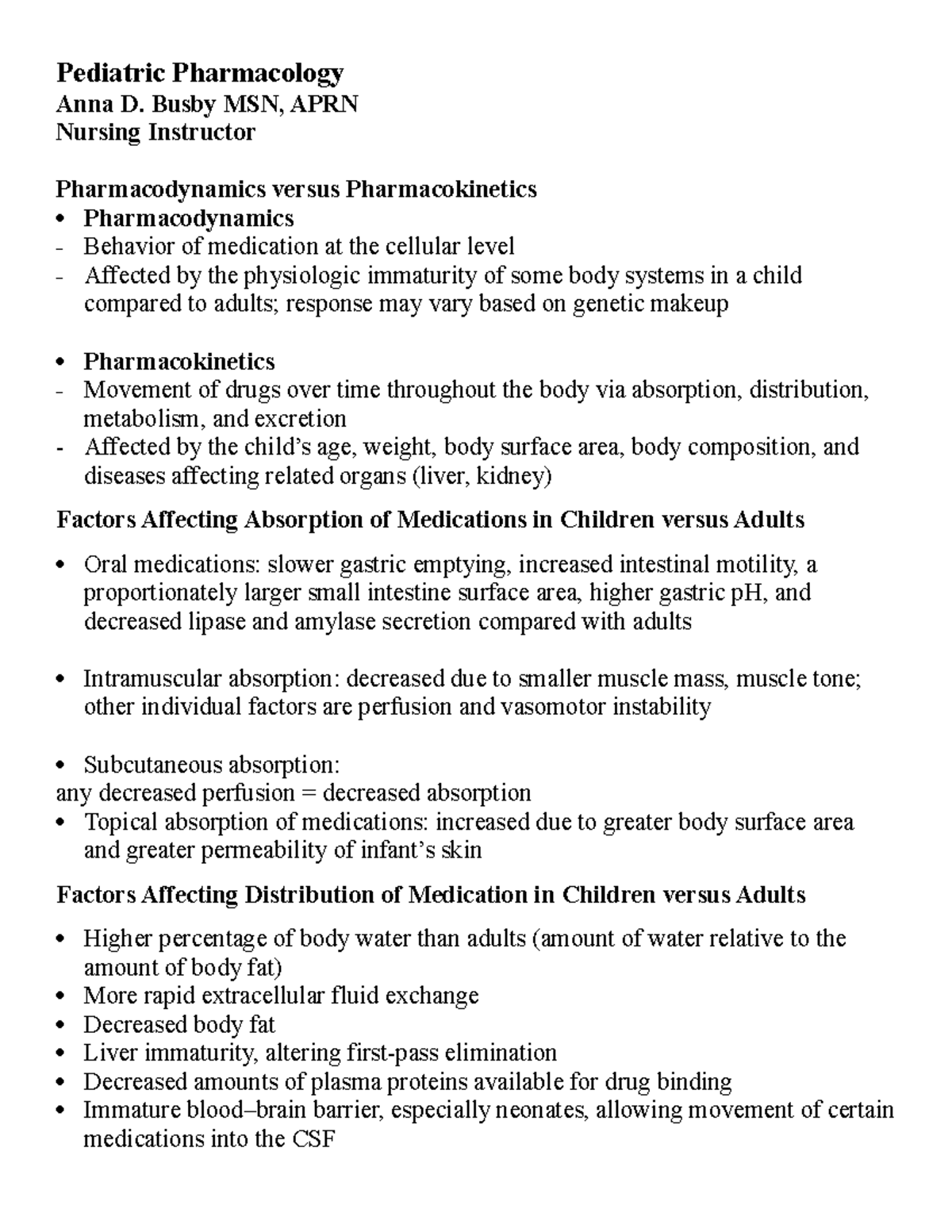 Pediatric Pharmacology lecture notes - Pediatric Pharmacology Anna D ...