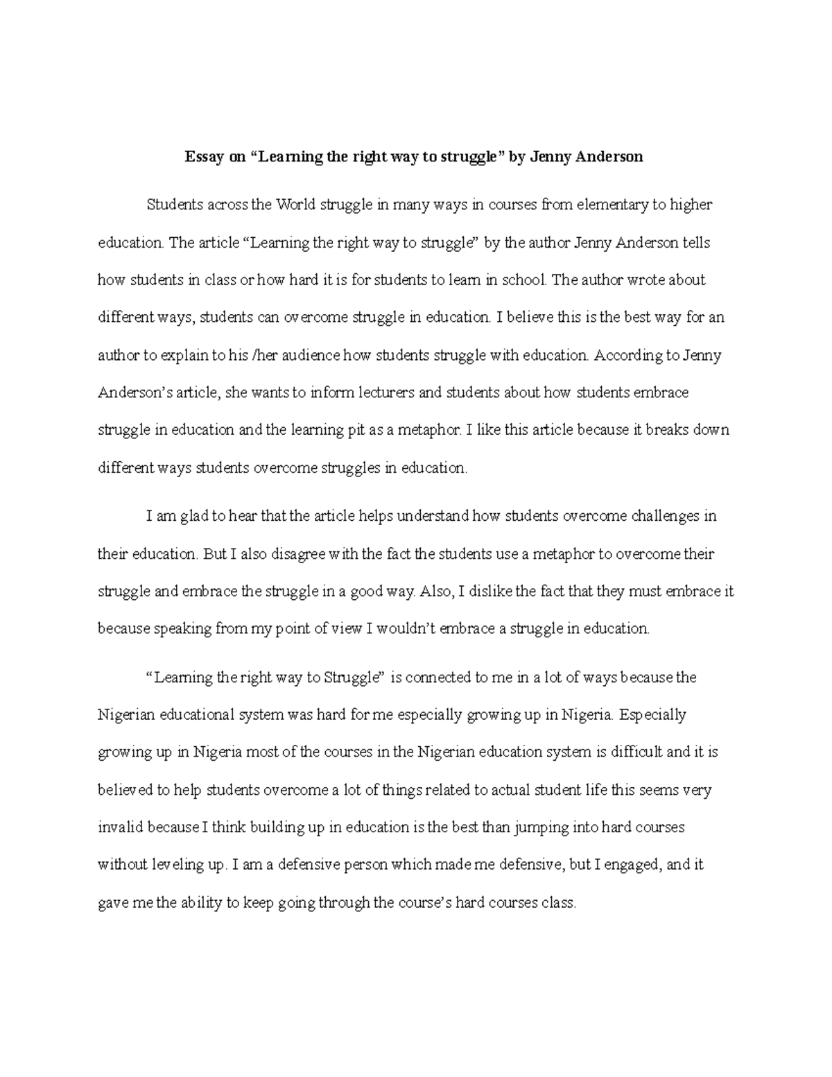 Writing Assignment 2 response essay - Essay on “Learning the right way ...