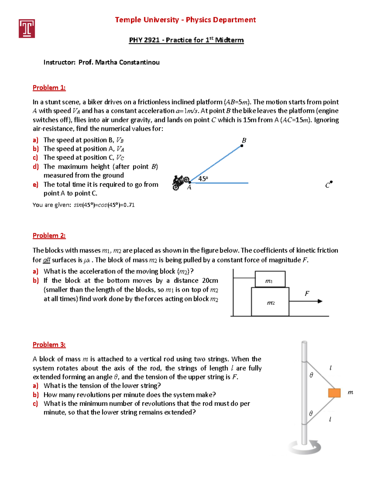 Midterm 1 practice 2023 - Temple University - Physics Department PHY 2921 - Practice for 1 st ...