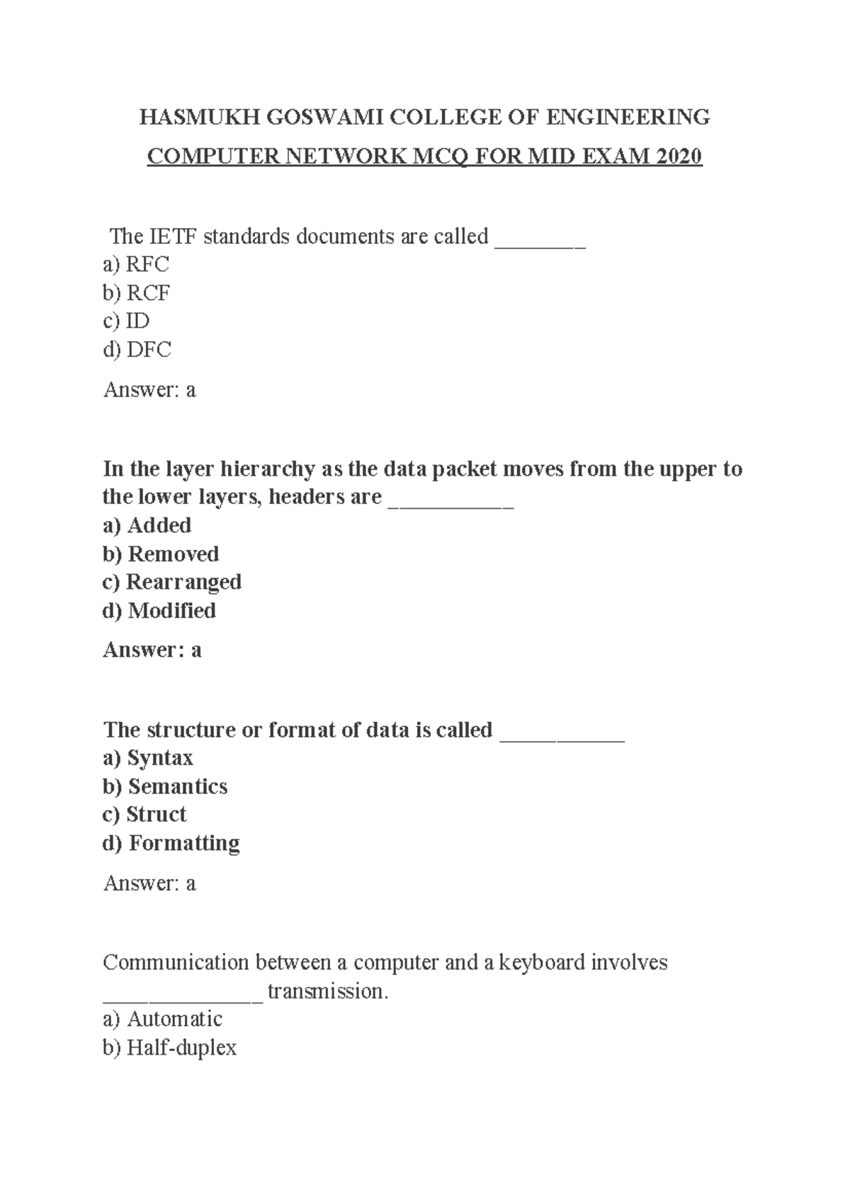Cn mcq questions - HASMUKH GOSWAMI COLLEGE OF ENGINEERING COMPUTER ...