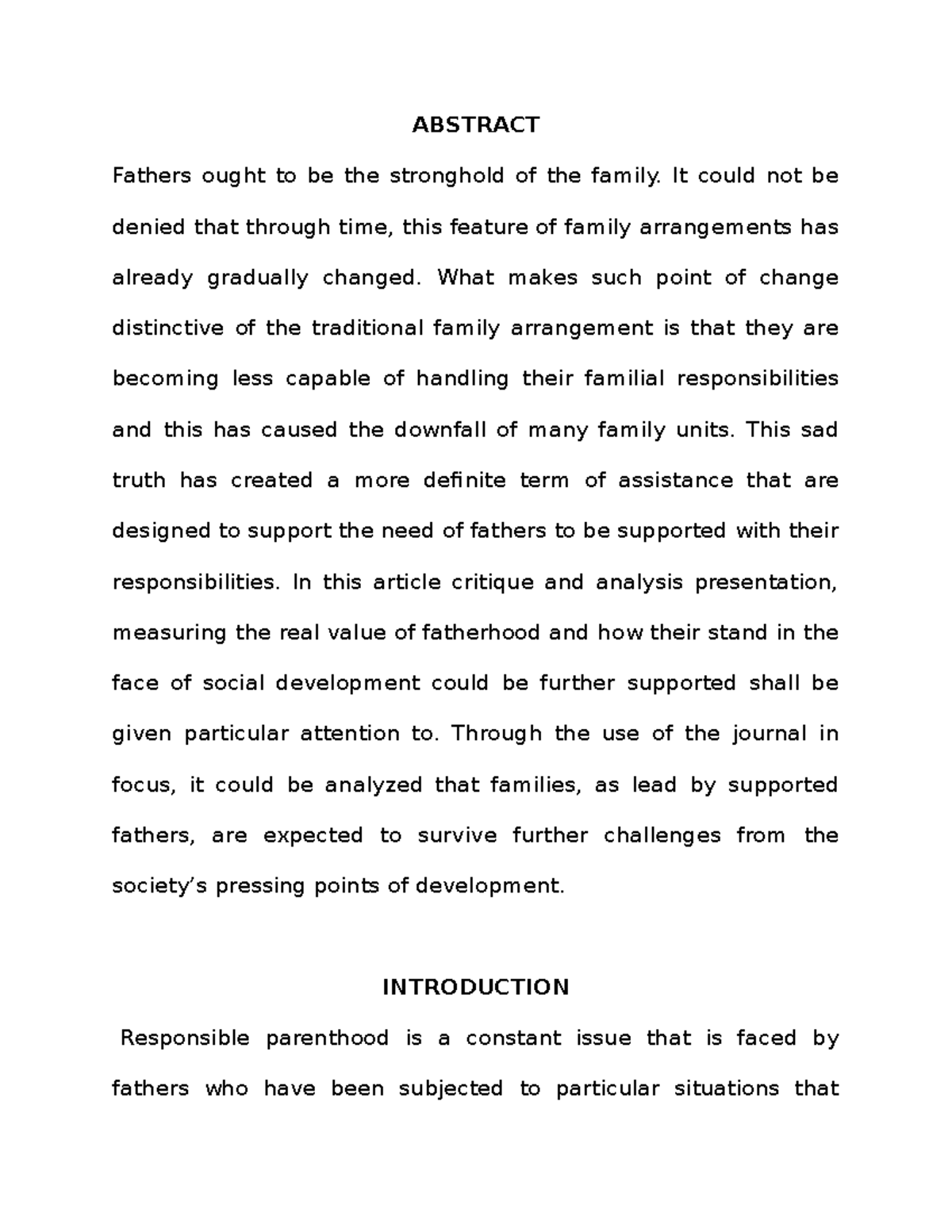 Marriage AND THE Family AW - ABSTRACT Fathers ought to be the ...