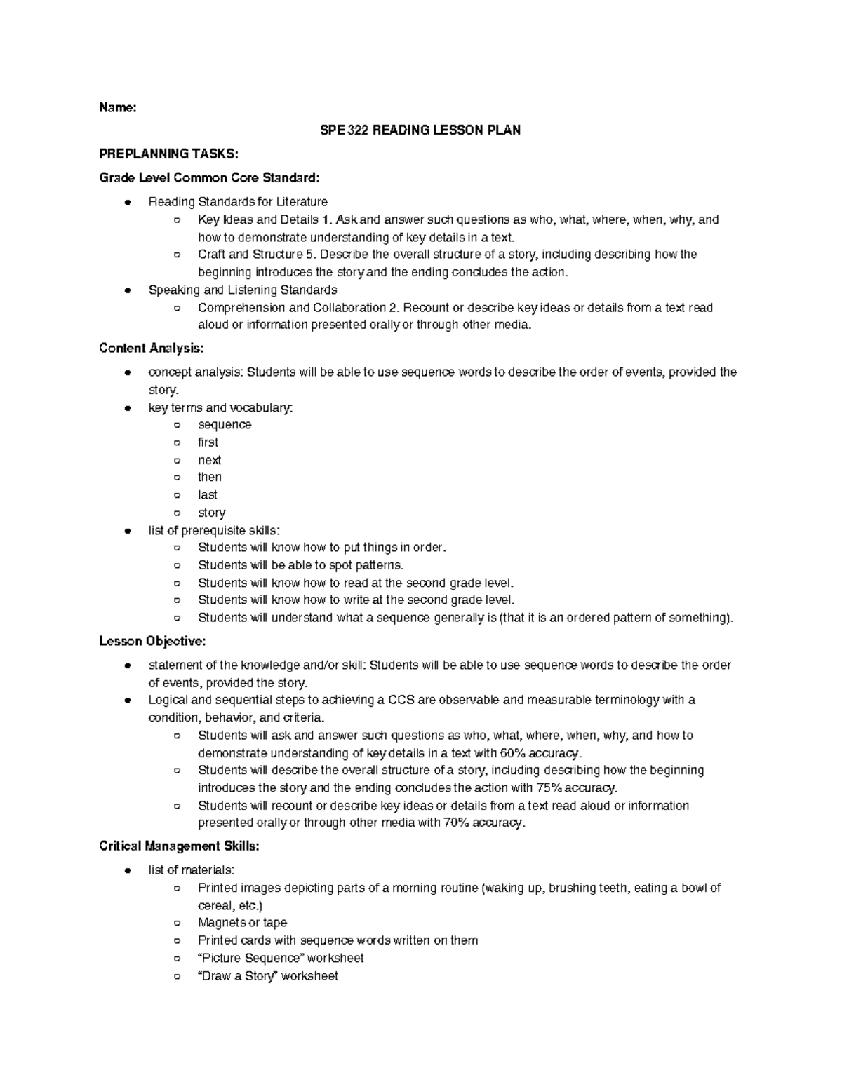 Reading Lesson Plan - Name: SPE 322 READING LESSON PLAN PREPLANNING ...