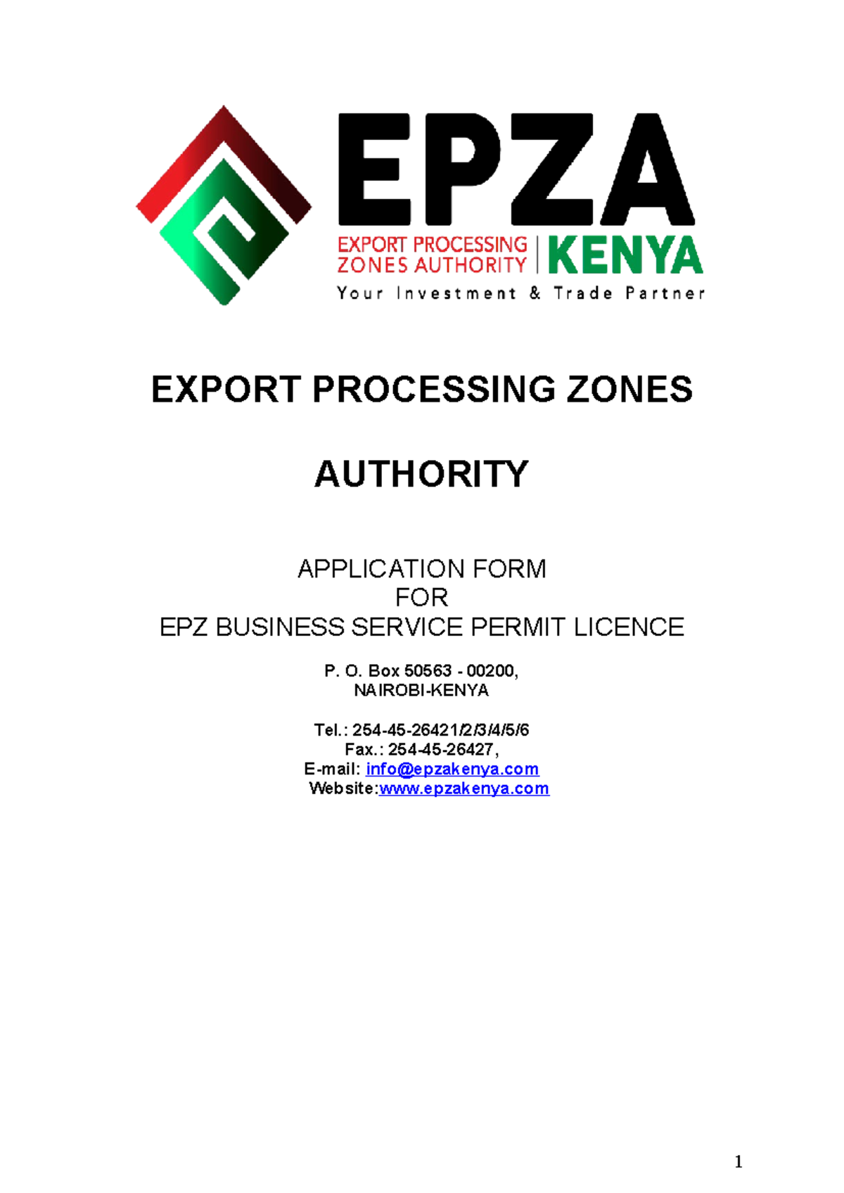 EPZ Business Service Permit Application Form - EXPORT PROCESSING ZONES ...