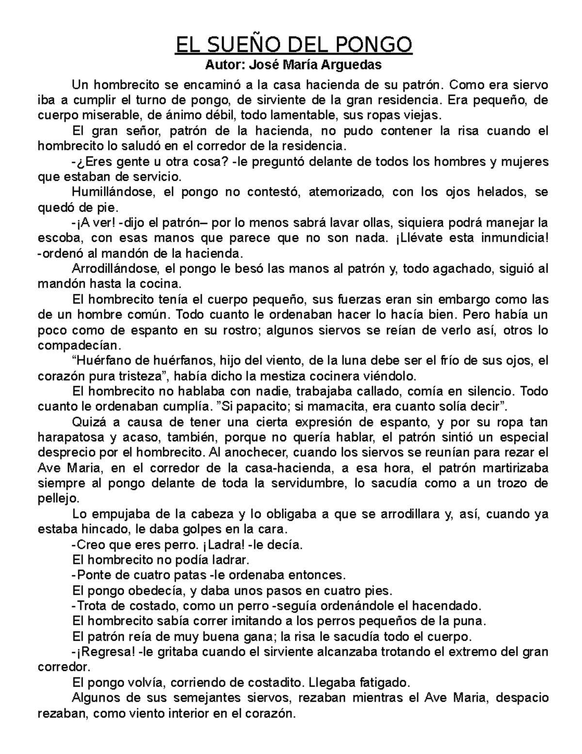 EL Sueño DEL Pongo - Arguedas - EL SUEÑO DEL PONGO Autor: José María ...