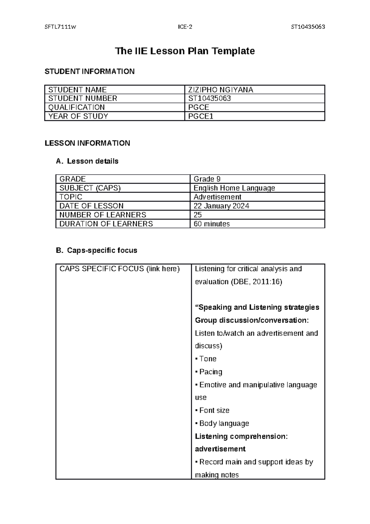 Zizipho Ngiyana ST10435063 SFTL7111w ICE-2 Lesson planning - The IIE ...