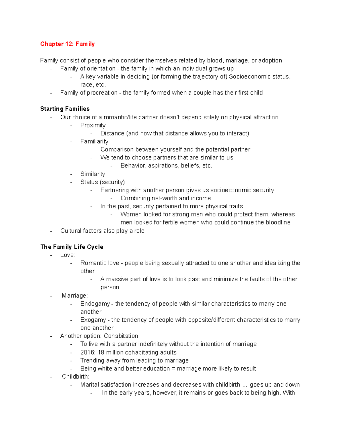Intro to Sociology 101 Chapters 12, 13, & 16 - Chapter 12: Family ...