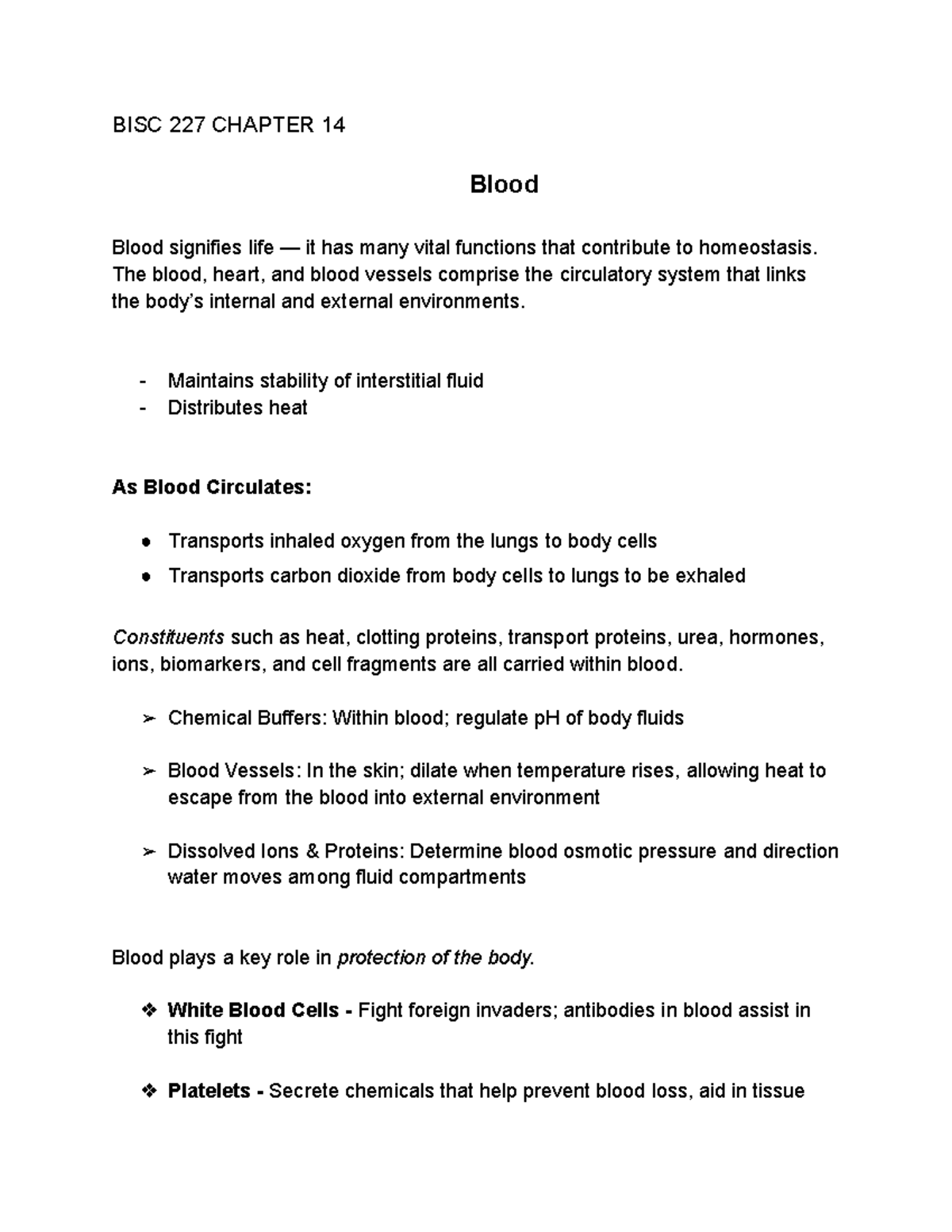 BISC 227 Blood Chapter 14 Blood Notes - BISC 227 CHAPTER 14 Blood Blood ...