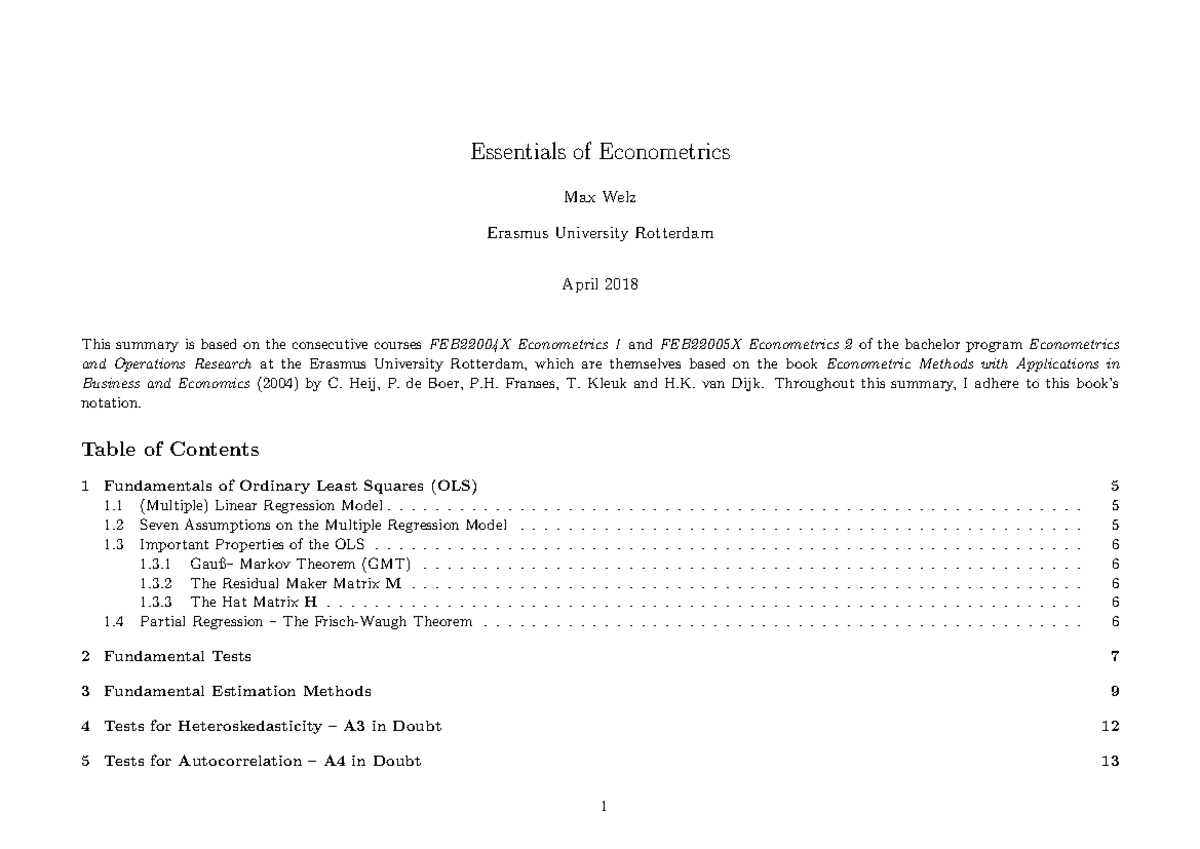 Summary Econometrics 1 and Econometrics 2 - Essentials of Econometrics Max Welz Erasmus ...
