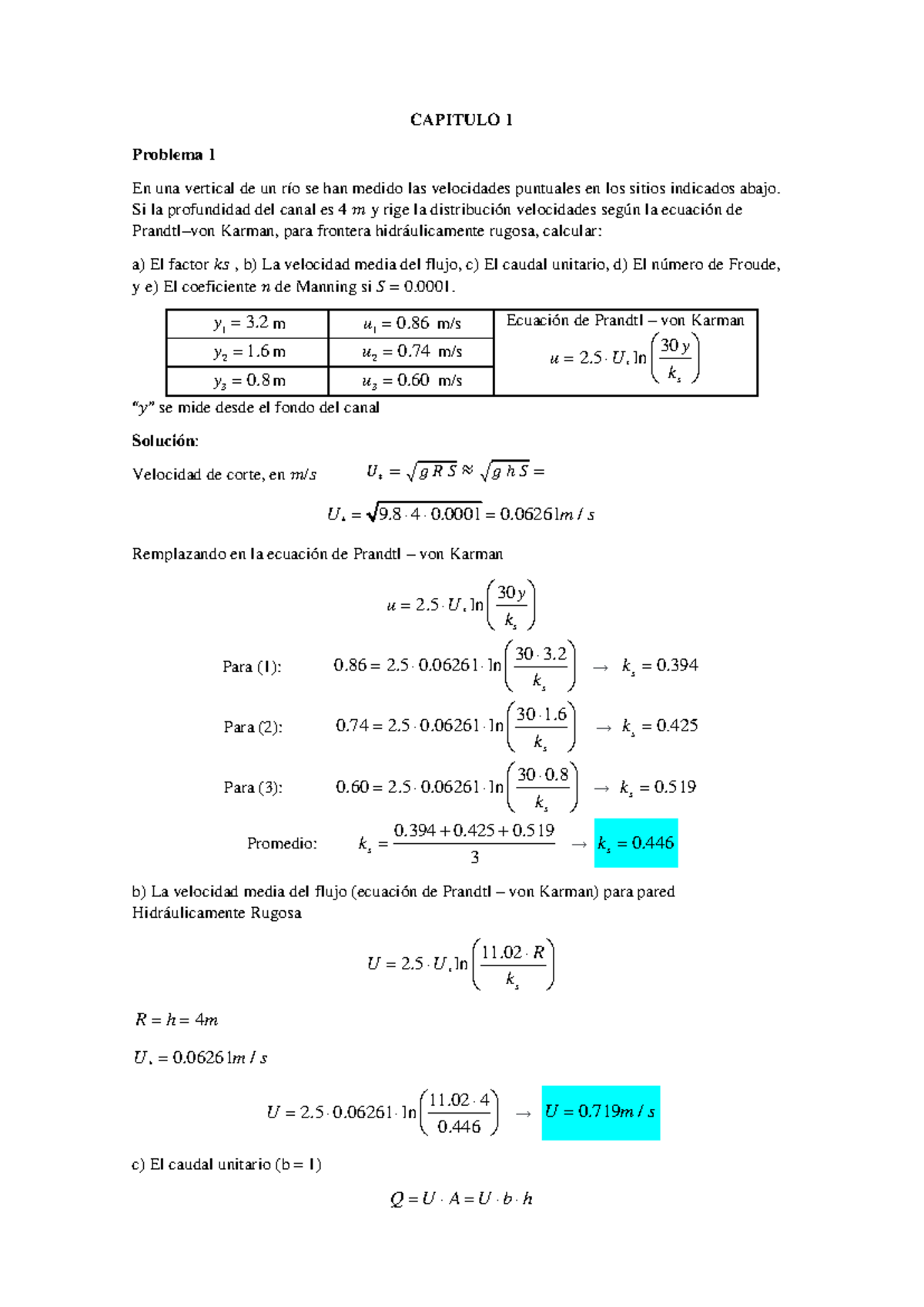 solucionario 1er p - CAPITULO 1 Problema 1 En una vertical de un río se han medido las ...