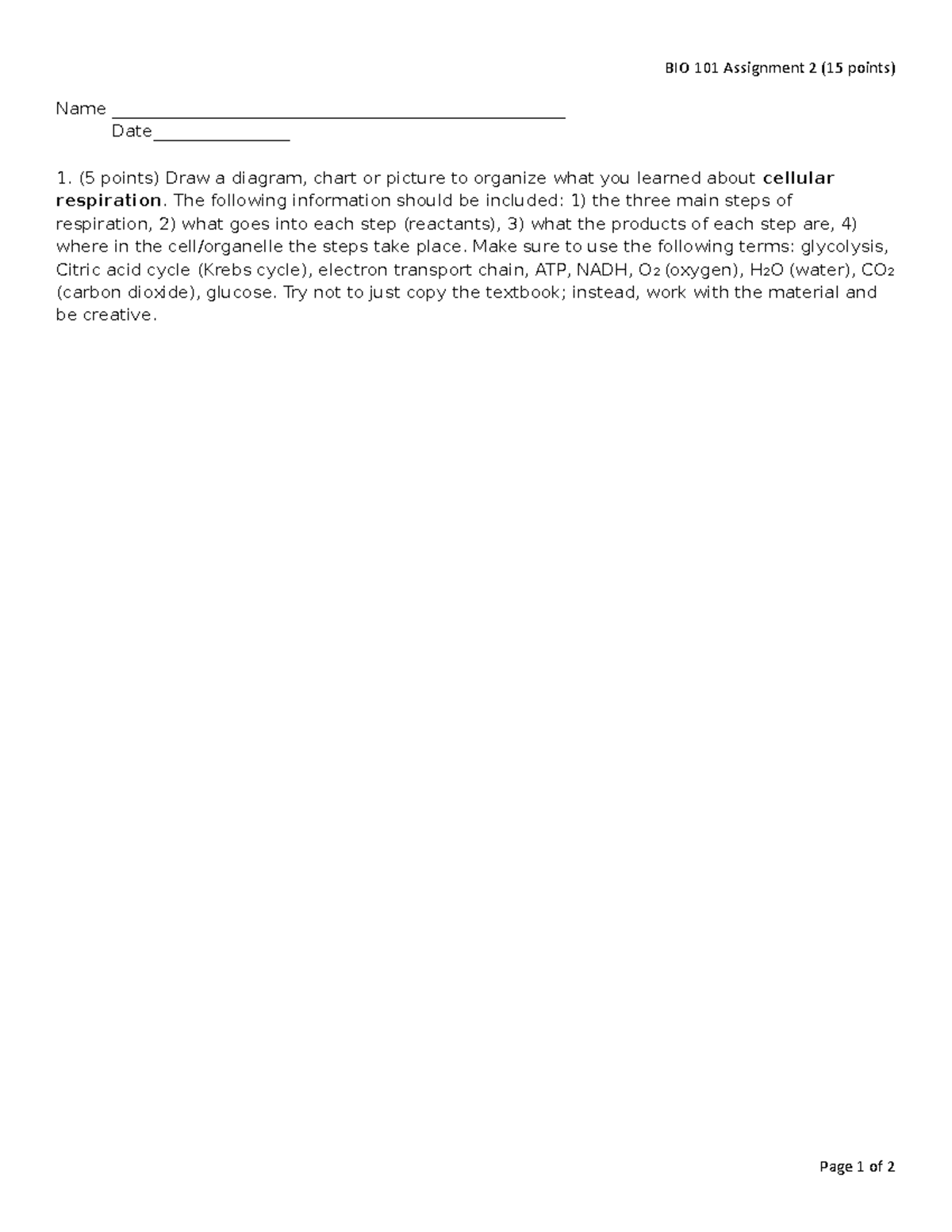 BIO101 Assignment 2 - bio 101 worksheet for biology lab - BIO 101 ...