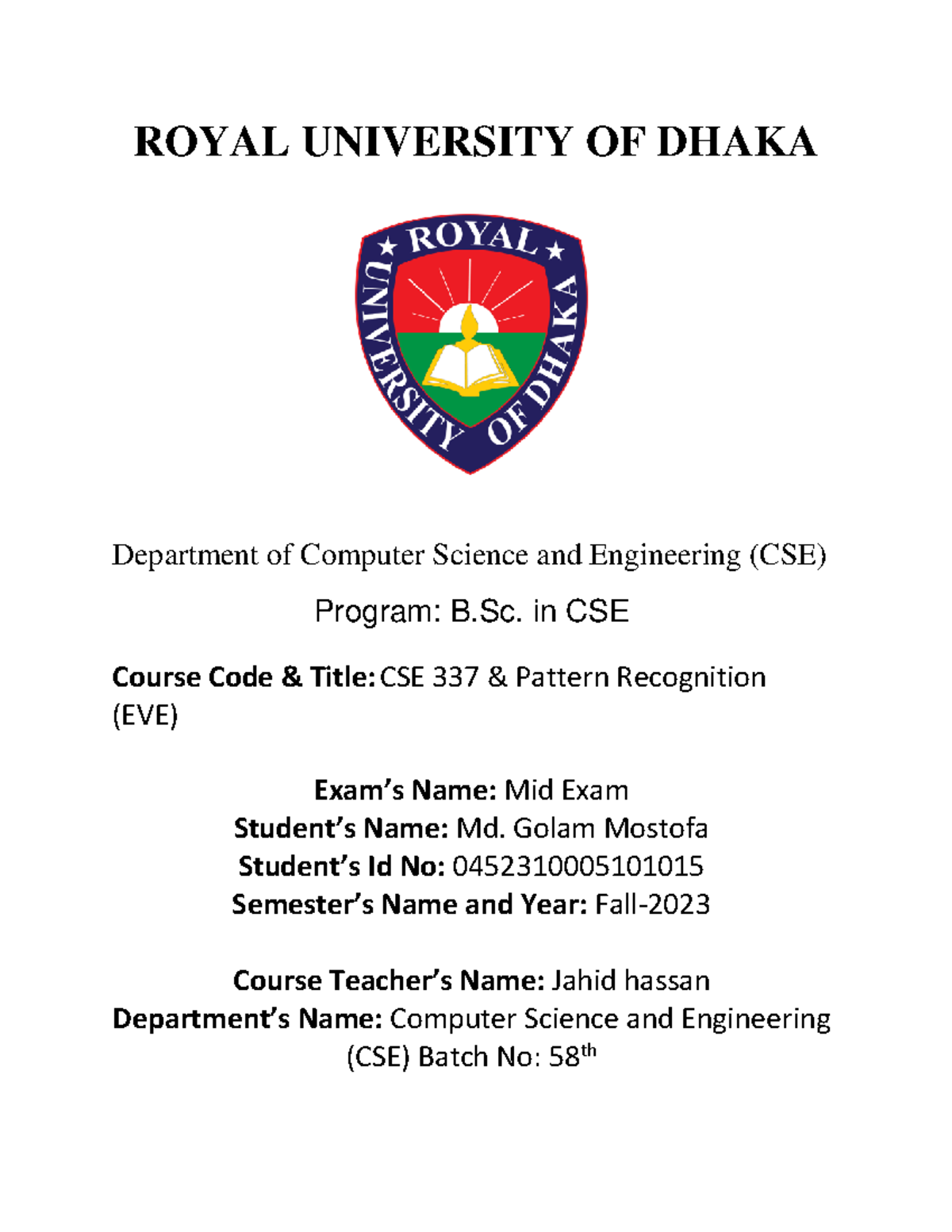 CSE 337 & Pattern Recognition (EVE) - ROYAL UNIVERSITY OF DHAKA ...