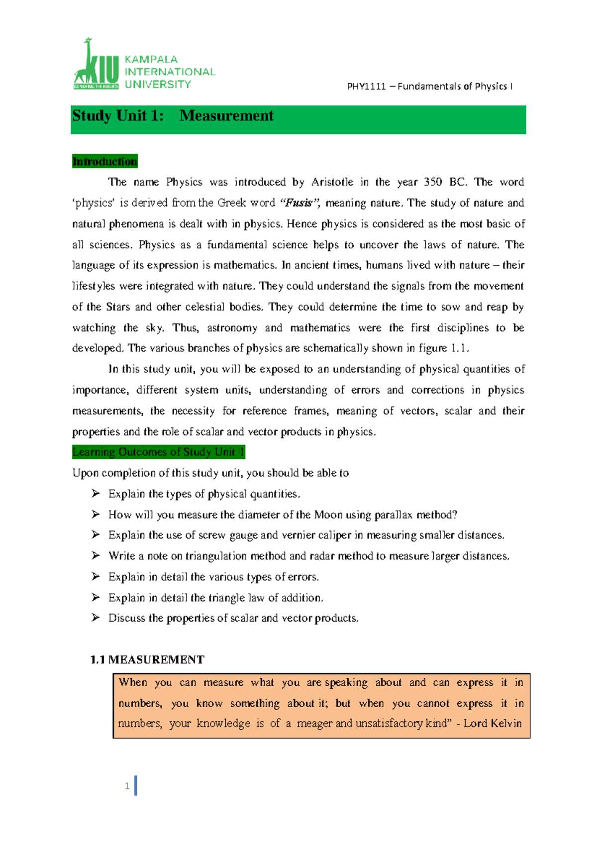 Study Material Physics 1 - Study Unit 1: Measurement Introduction The ...