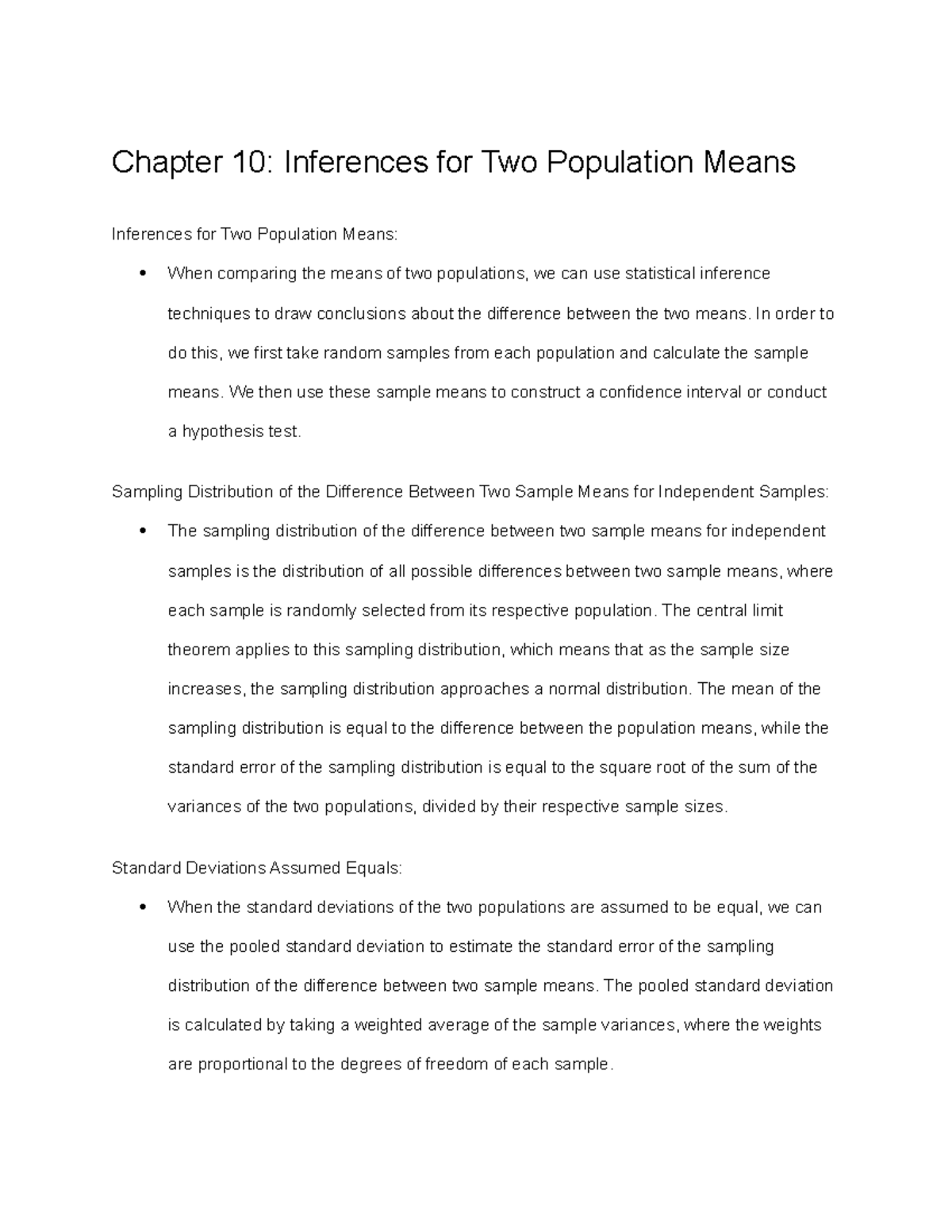 MA-150 Statistics I, Chapter 10 Notes - Chapter 10: Inferences for Two ...