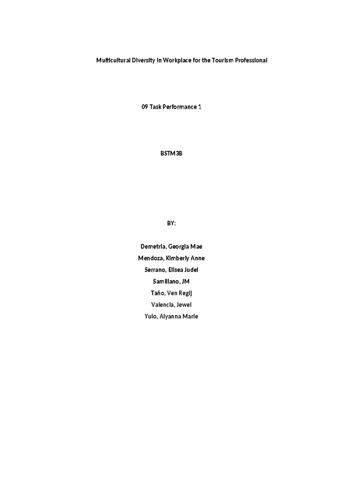 551821803 09 Task Performance Group 4 - Multicultural Diversity in Workplace for the Tourism ...