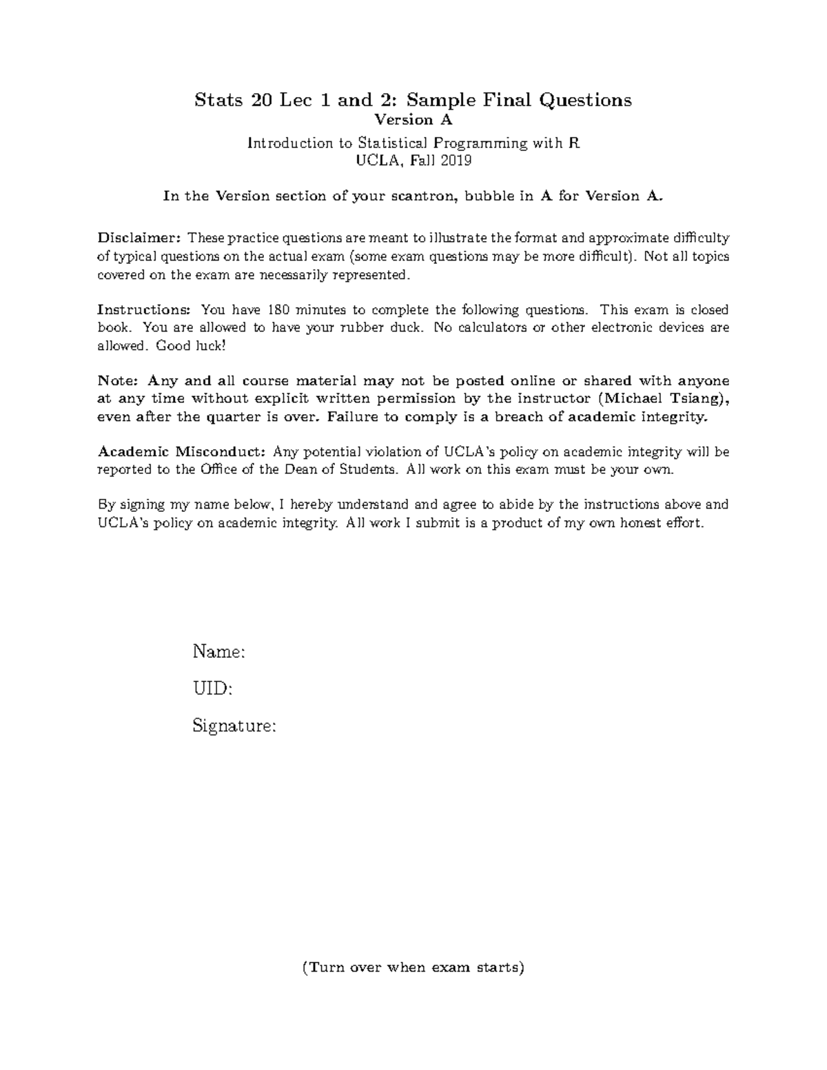 Stats20 Practicefinal Version A Introduction To Statistical Programming With R Ucla Fall 2019