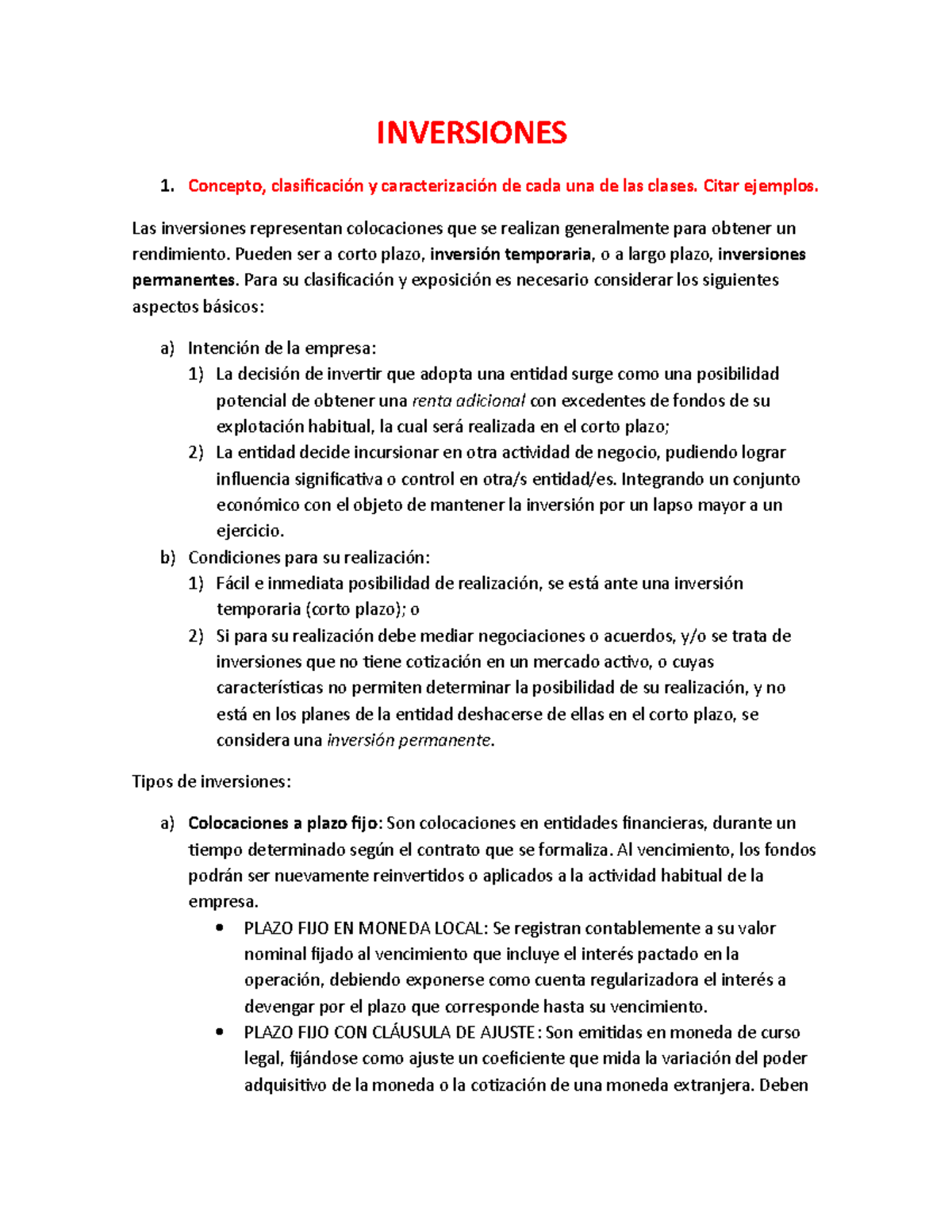 Resumen Inversiones - INVERSIONES 1. Concepto, clasificación y ...