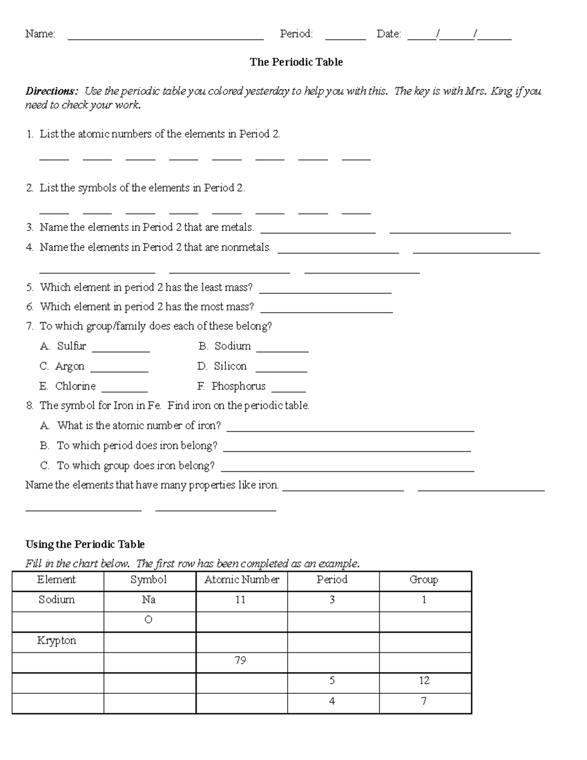 Periodic table worksheet template - Name ...