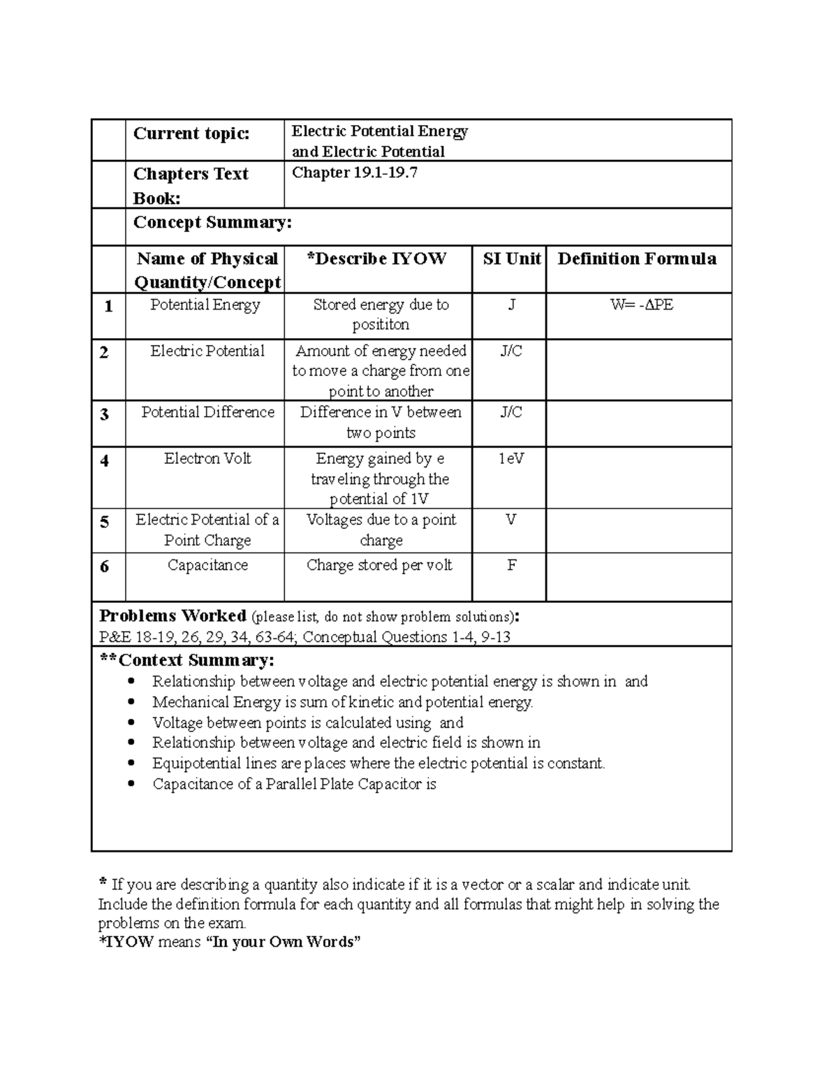 Module 2 Summary Sheet - Current topic: Electric Potential Energy and ...