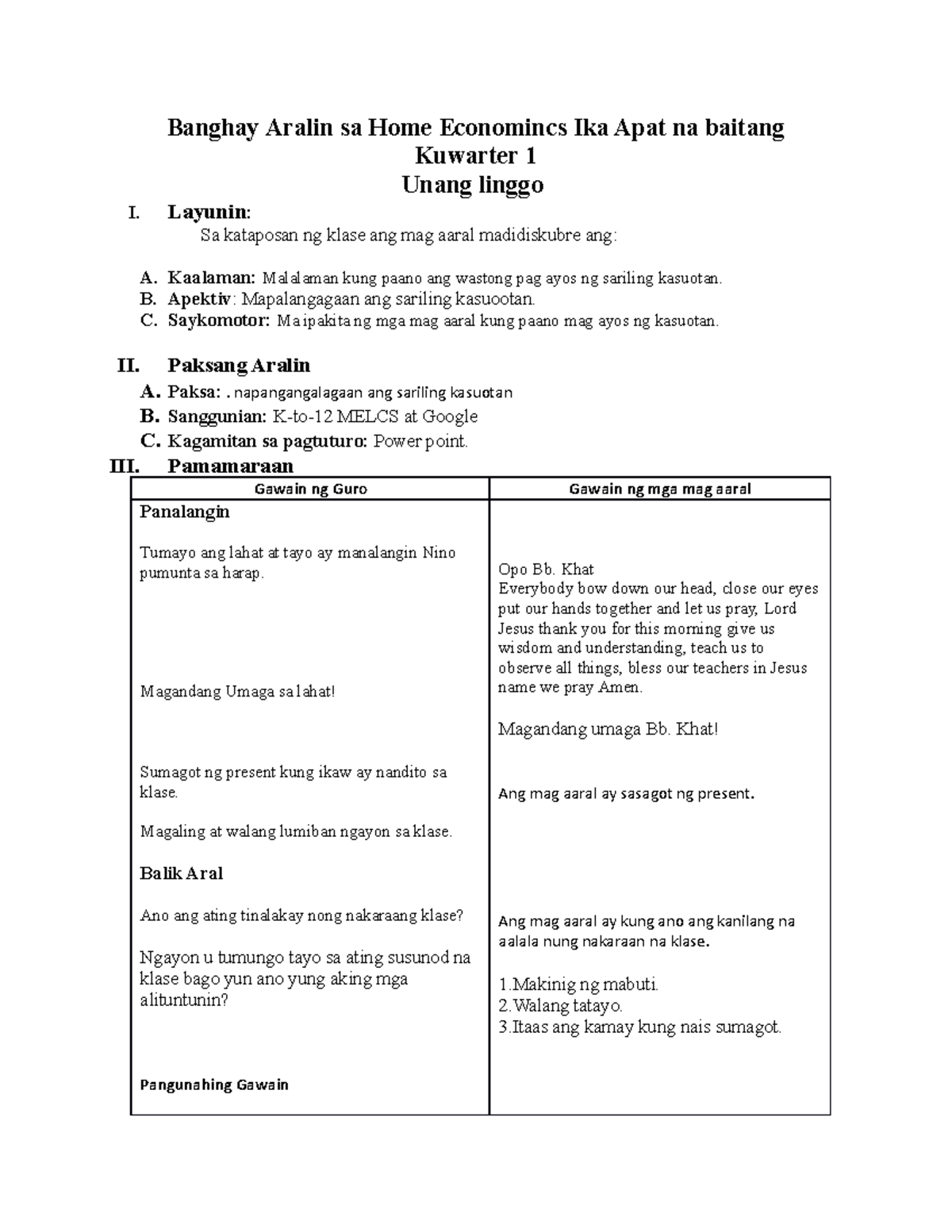 H.E.4.Q.1 - HE 4 - Banghay Aralin sa Home Economincs Ika Apat na ...