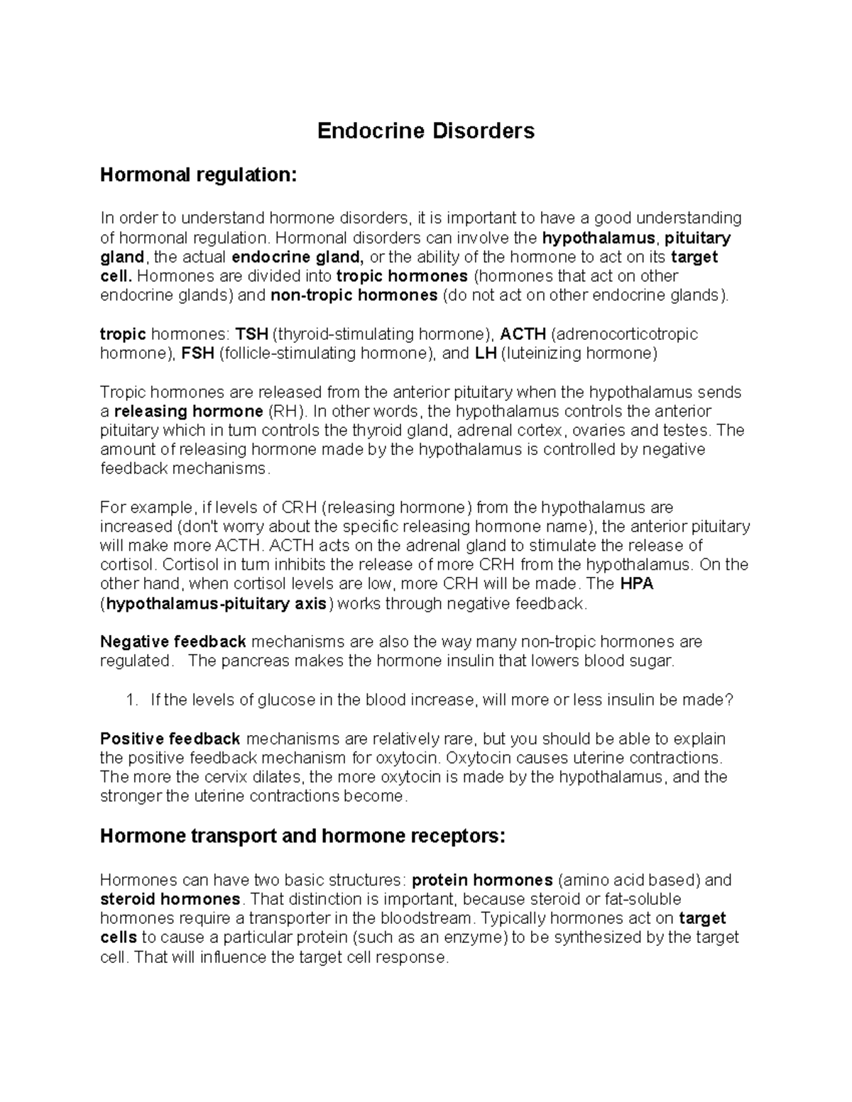 Endocrine System Notes - Endocrine Disorders Hormonal regulation: In ...