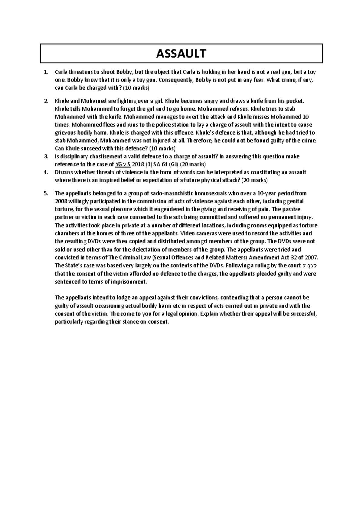 Questions from past exam papers - Assault - ASSAULT Carla threatens to ...
