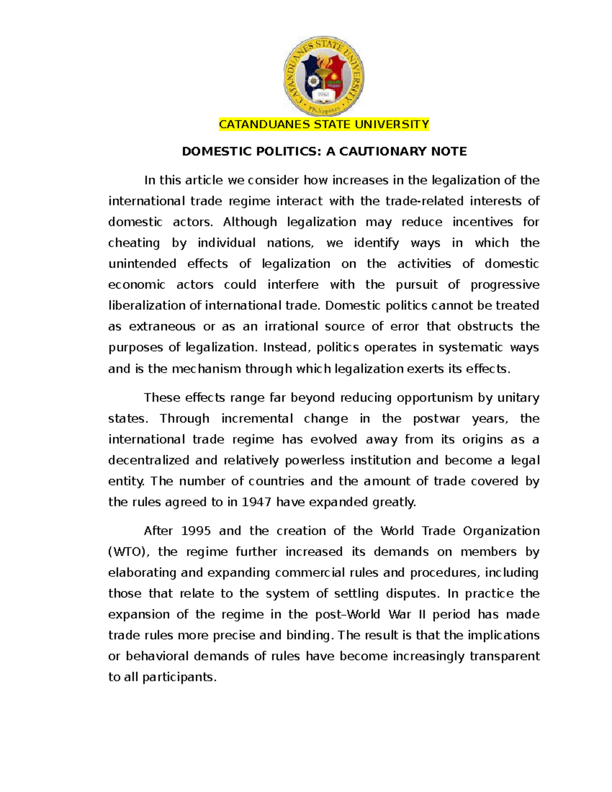 Domestic Politics A Cautionary NOTE - CATANDUANES STATE UNIVERSITY ...