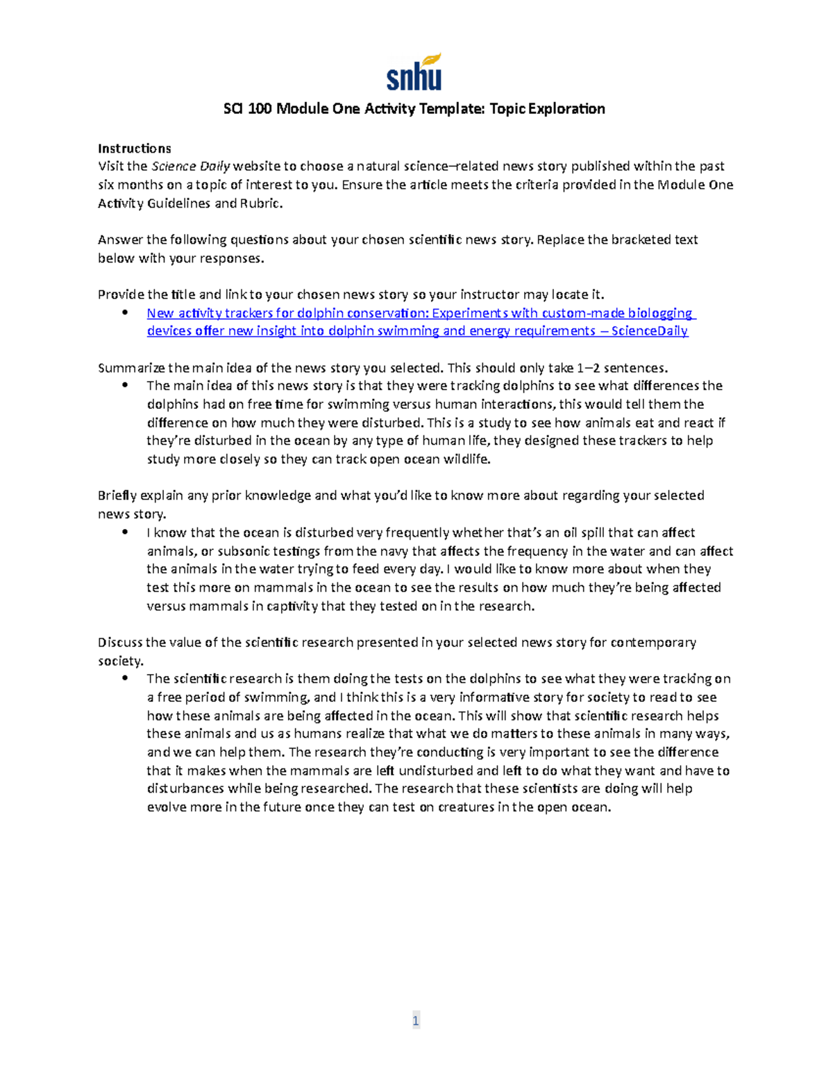 SCI 100 Module One Activity Template - Ensure the article meets the ...