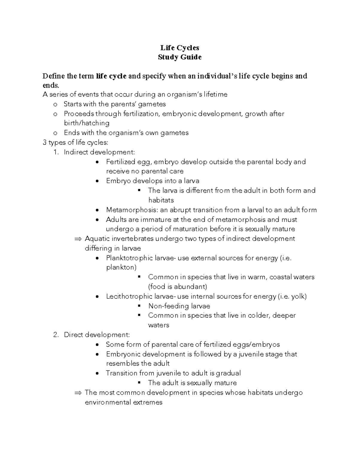 Life Cycles - Life Cycles Study Guide Define the term life cycle and ...