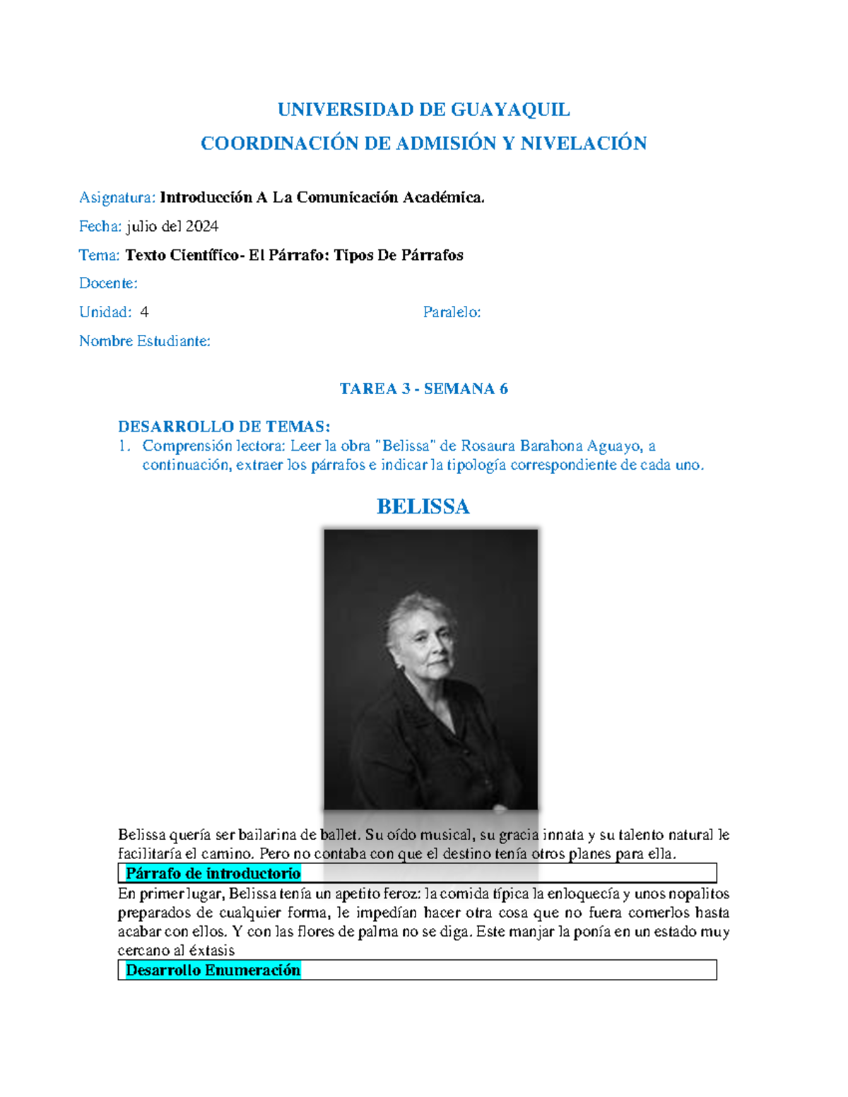 Tarea U4 Clase 3 S6 - UNIVERSIDAD DE GUAYAQUIL COORDINACIÓN DE ADMISIÓN Y NIVELACIÓN Asignatura ...